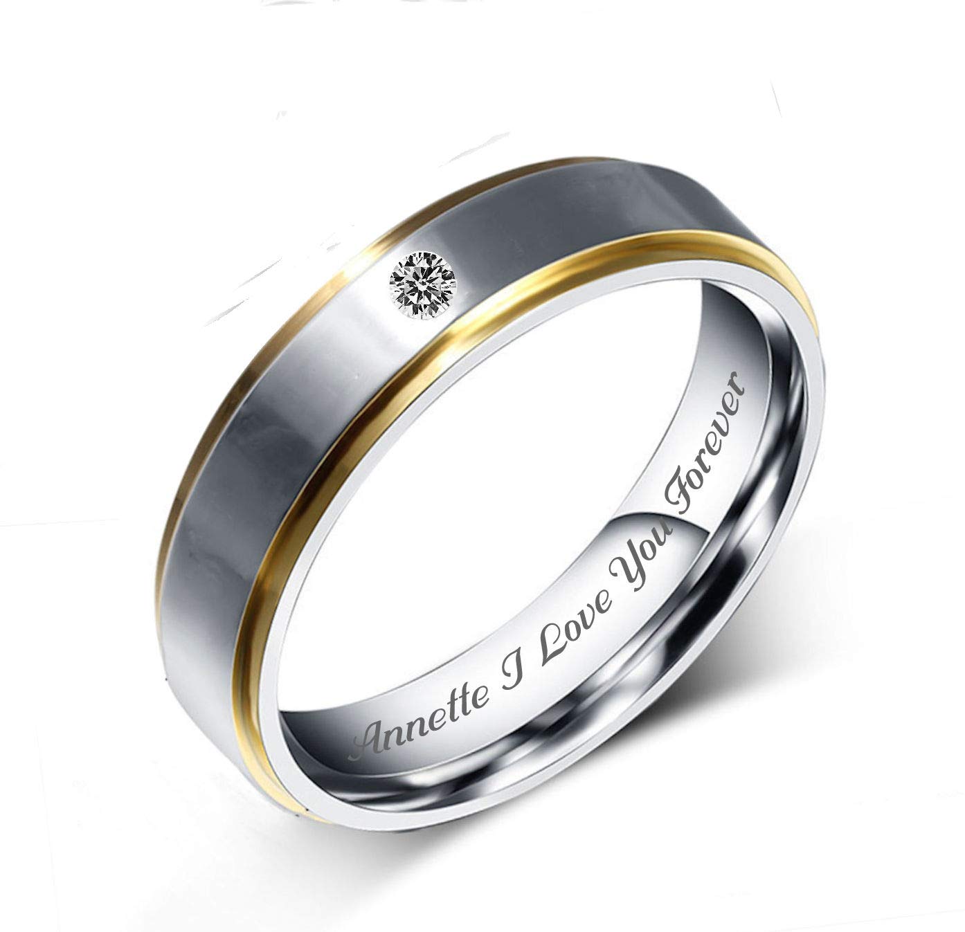 Personalized Women's Two Tone Silver & Gold Stainless Steel Promise Ring Custom Engraved Free - Ships from USA