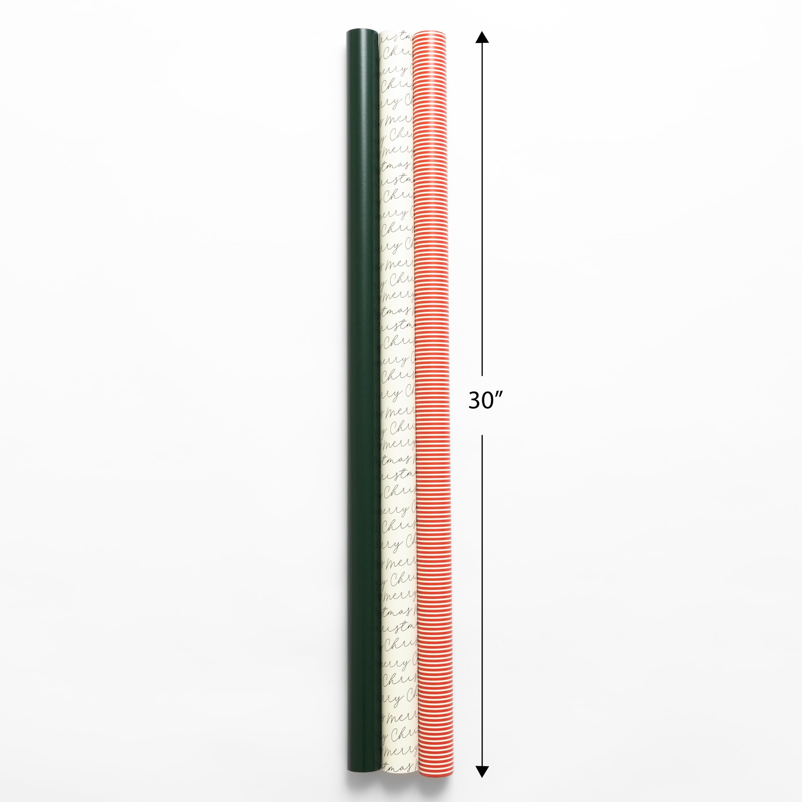 Merry Market 3-pack Premium Satin Christmas Wrapping Paper, Minimal Holiday Gift Wrap, Red Stripe, Solid Green and Merry Christmas - 30β x 168β per roll, 105 square feet total