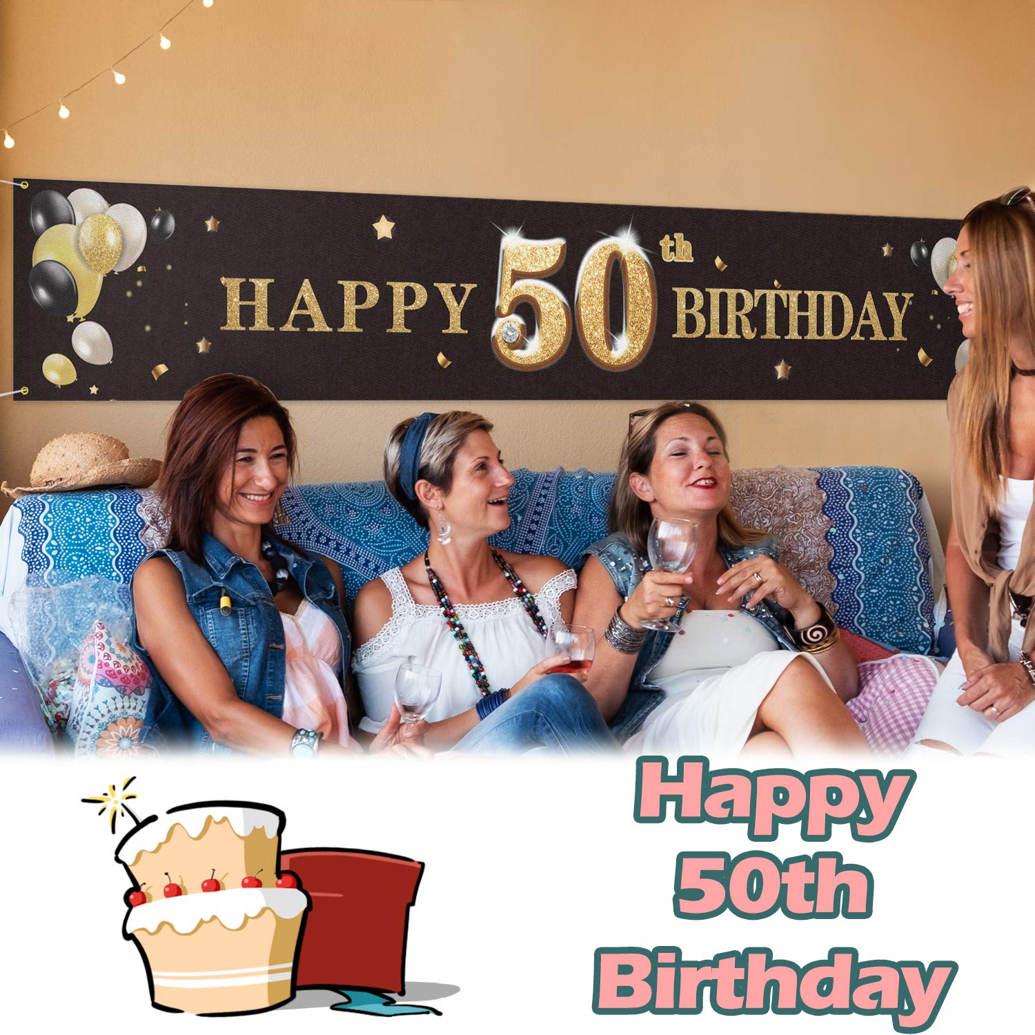 PAKBOOM Happy 50th Birthday Backdrop Black Photo Background Banner Cheers to 50 Years Old Decorations Party Supplies