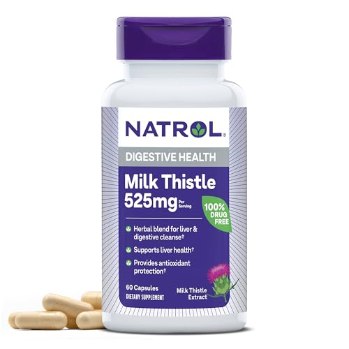 Natrol Milk Thistle 525 mg per serving, Dietary Supplement for Digestive Health, Milk Thistle Supplement, 60 Capsules, 30 Day Supply