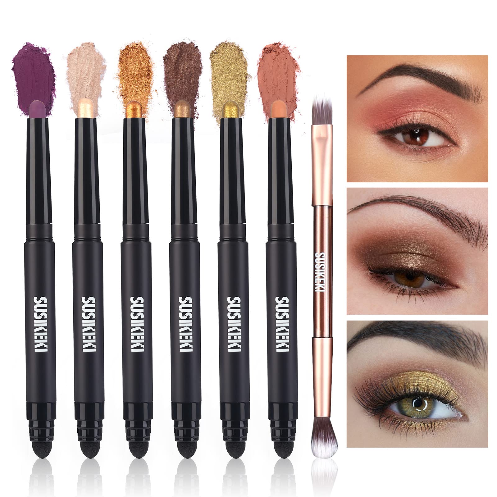 SUSIKEKI 6PCS Eyeshadow Stick + 1PC Double End Eyeshadow Brush Soft Creamy Matte Shimmer Eye Shadow Pencil Crayon High Pigmented Shiny Eyeshadow Pencil Waterproof Classy Eye Shadow Sticks Sets