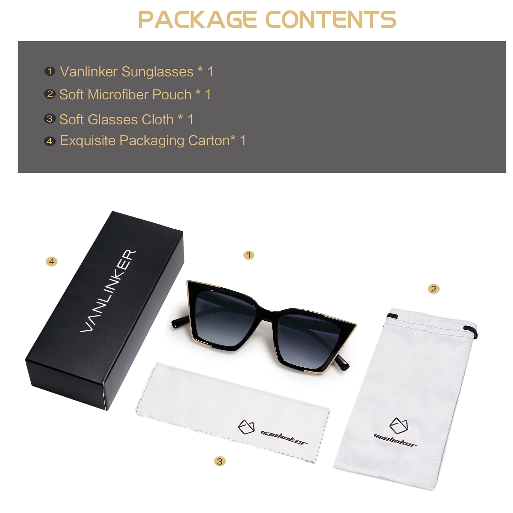 VANLINKER Polarized Square Cat Eye Sunglasses for Women Oversized Trendy Sunnies Black