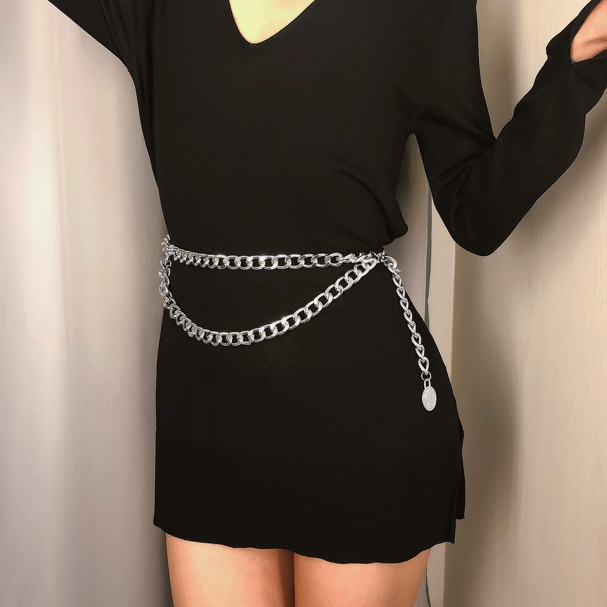 Suyi Silver Chain Belts for Women Girls Metal Waist Belt Double Layered Body Belly Chain Plus Size 130CM Silver