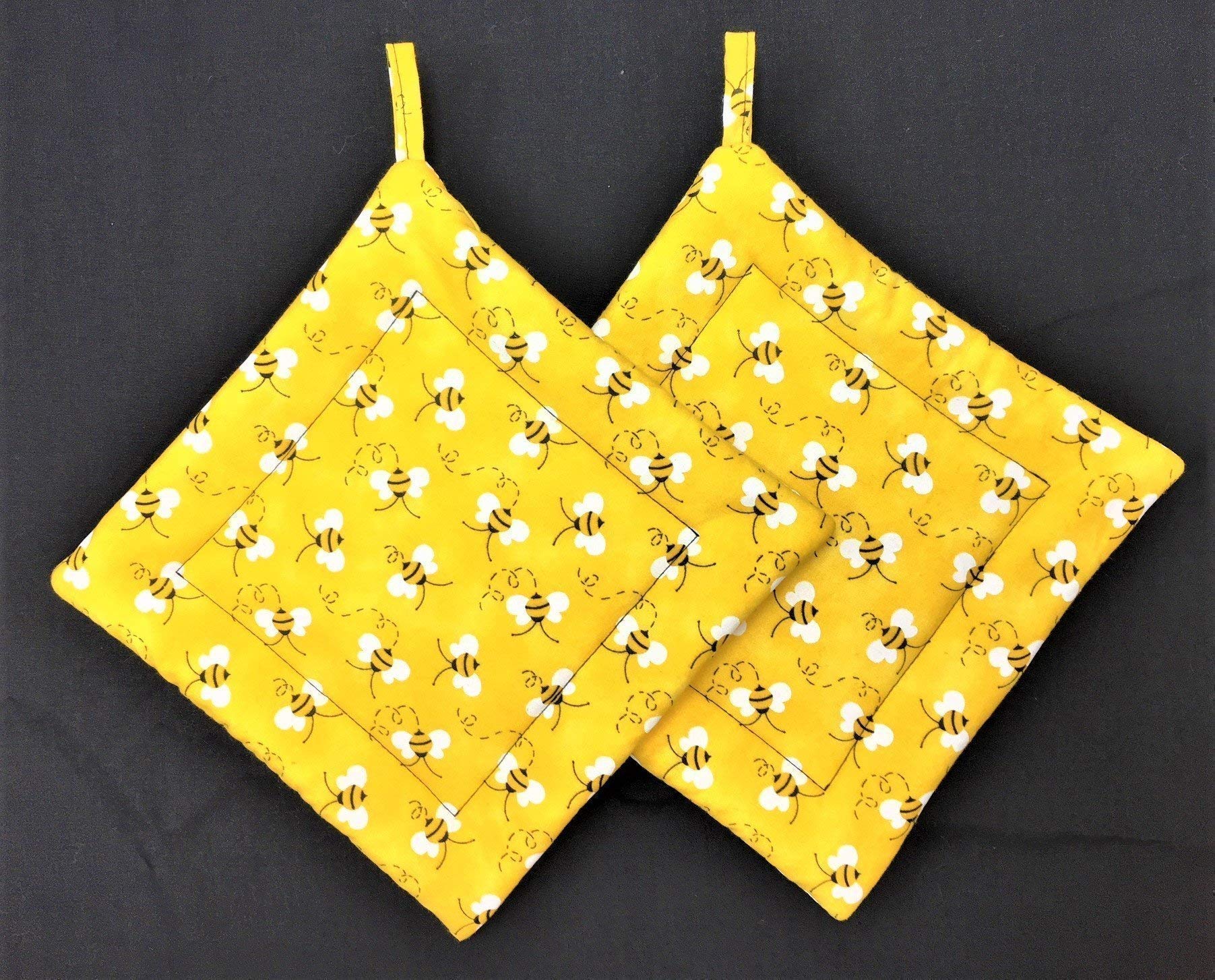 Set of Two Honey Bumble Bees on Yellow Square Pot Holders Hot Pads Trivets Hot Pan Plate Holders