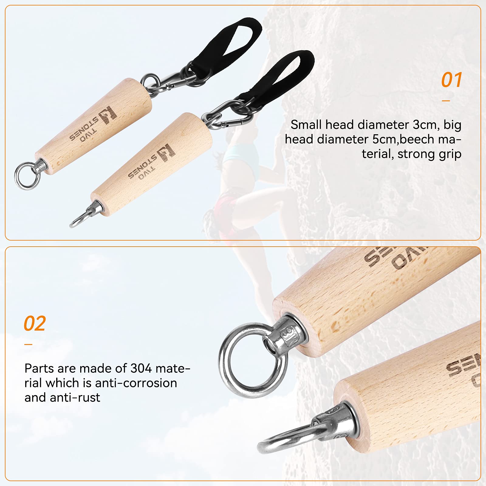TWO STONES Wooden Pull Up Grips | Wood Climbing Power Grips | Pull Up Climbing Hold Grips | Wooden Hand Grips | Rock Climbing | Bouldering(Dia:3-6cm)