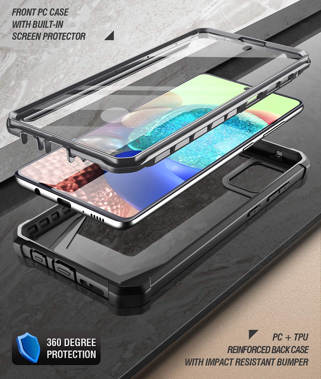 Poetic Guardian Case for Samsung Galaxy A71 5G UW (Verizon Version), [Not Fit Galaxy A71 4G and A71 5G] Full-Body Hybrid Shockproof Bumper Cover with Built-in-Screen Protector, Black/Clear