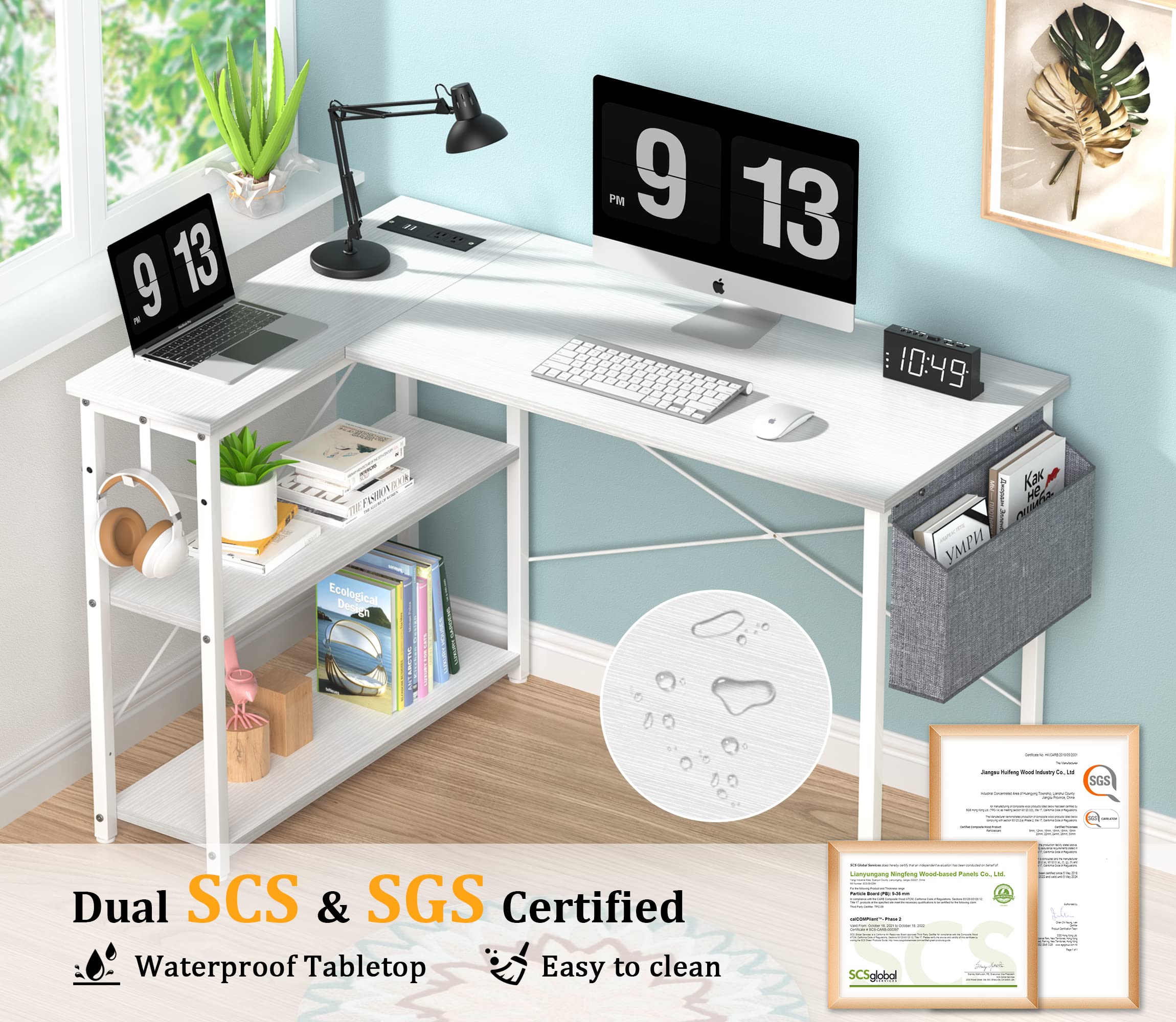 Mr IRONSTONE L Shaped Desk with Outlets & USB Ports, Reversible 47 Inch Office Desk, Corner Desk for Small Space, Home Office Desk with Storage Bag & Hook, White