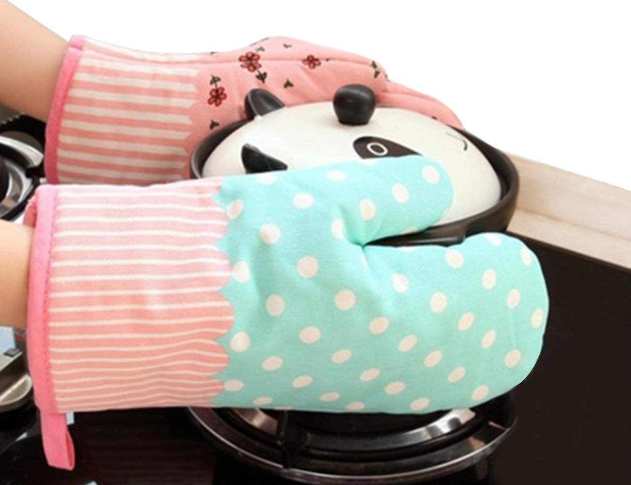 Set of Two Oven Mitts | Heat Resistant Cotton Kitchen Pot Holder [Decorative Kitchen Oven Mitt] Oven Glove | Kitchen Mitts (Dotted Blue)