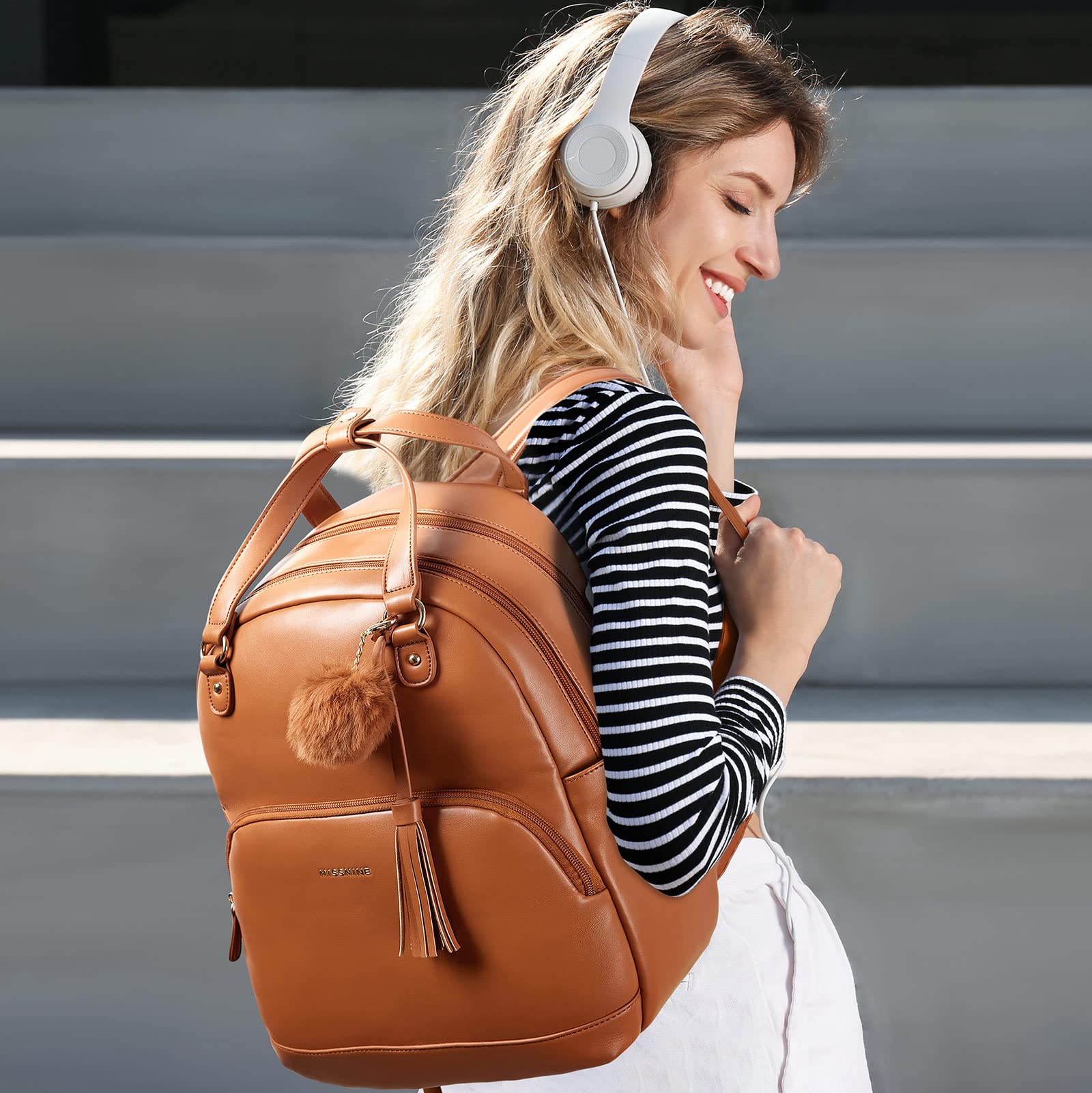 Missnine Women Backpack Purse Double Compartments Leather Backpack Fashion Ladies Daypack Bag for Travel College Work with Tassel