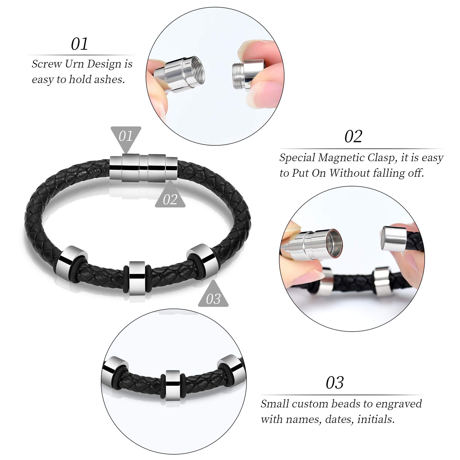 shajwo Cremation Bracelet for Ashes Jewelry for Women Men Genuine Leather Bangle Keepsake Memorial Urn Bracelet,Black 18cm