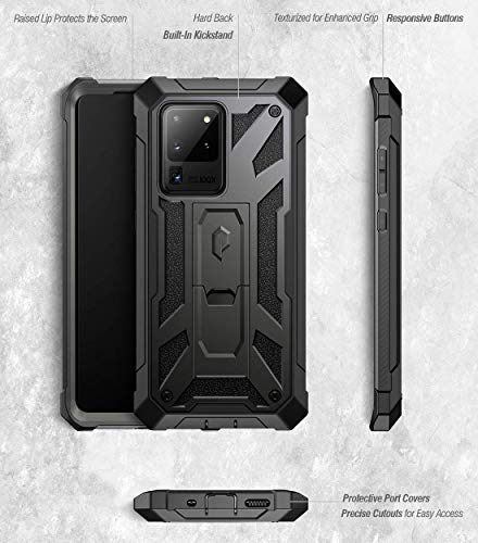 Poetic Spartan Series for Samsung Galaxy S20 Ultra Case, Full-Body Rugged Dual-Layer Metallic Color Accent Premium Leather Texture Shockproof Protective Cover with Kickstand, Metallic Gun Metal