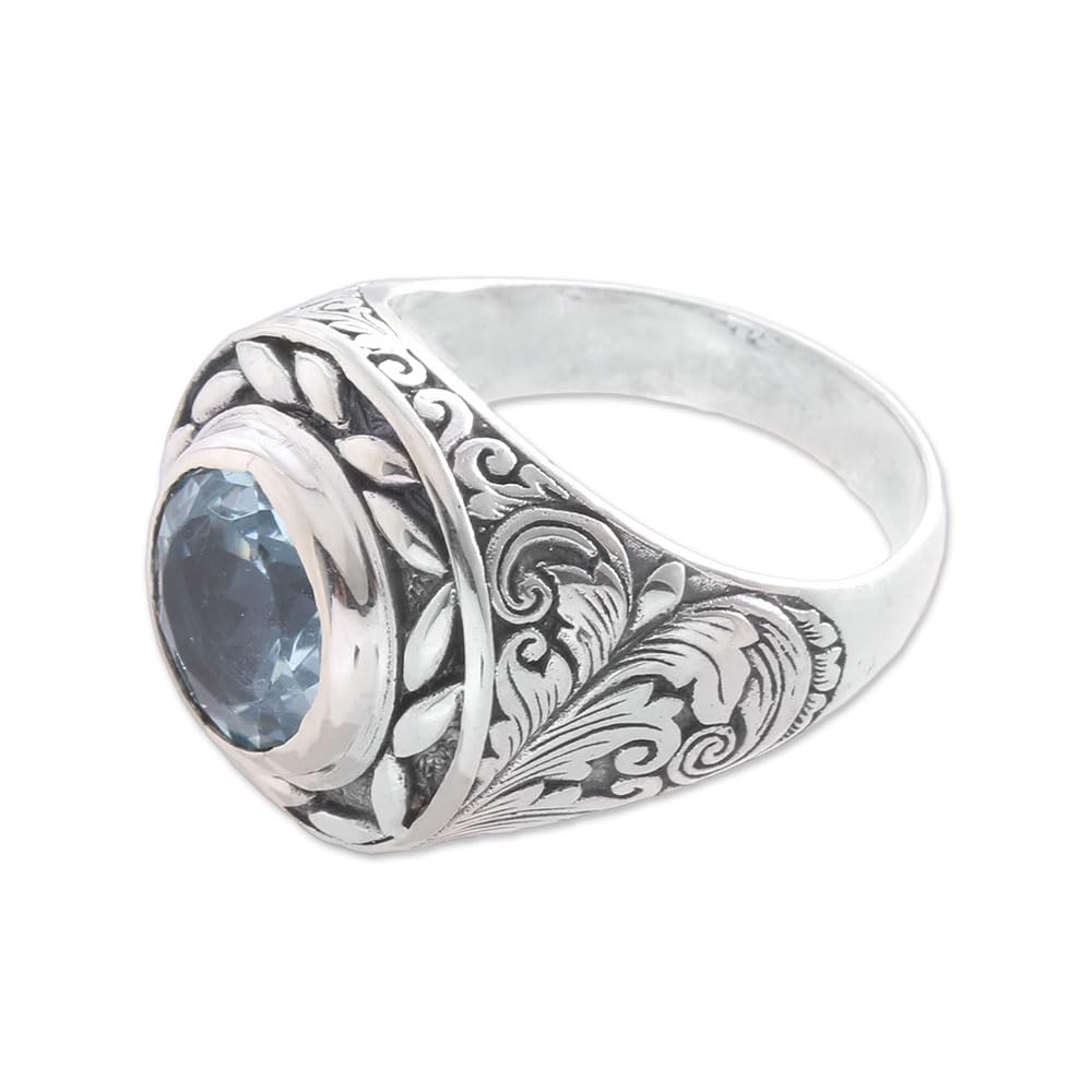NOVICA Artisan Handmade Blue Topaz Cocktail Ring Crafted Bali Sterling Silver Indonesia Birthstone Gemstone [ring Front 0.7 in H x 0.8 in W x 0.3 in D Band Width 4 mm W] ' Tari Lotus'