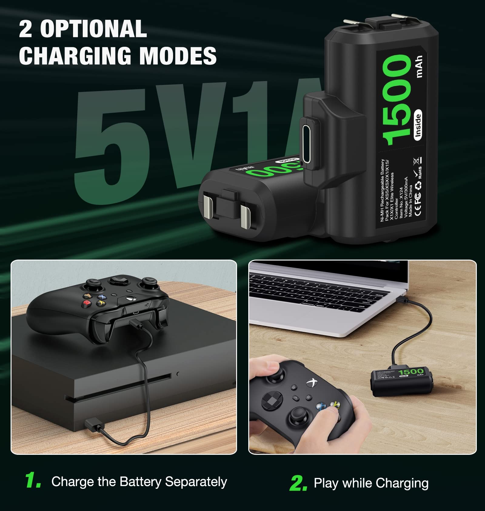 Rechargeable Battery Pack for Xbox One/Xbox Series X|S with 2x1500mAh Controller Battery Pack, Series X|S Rechargeable Battery Play&Charge Kit with 10ft Charging Cable & 4 Battery Covers