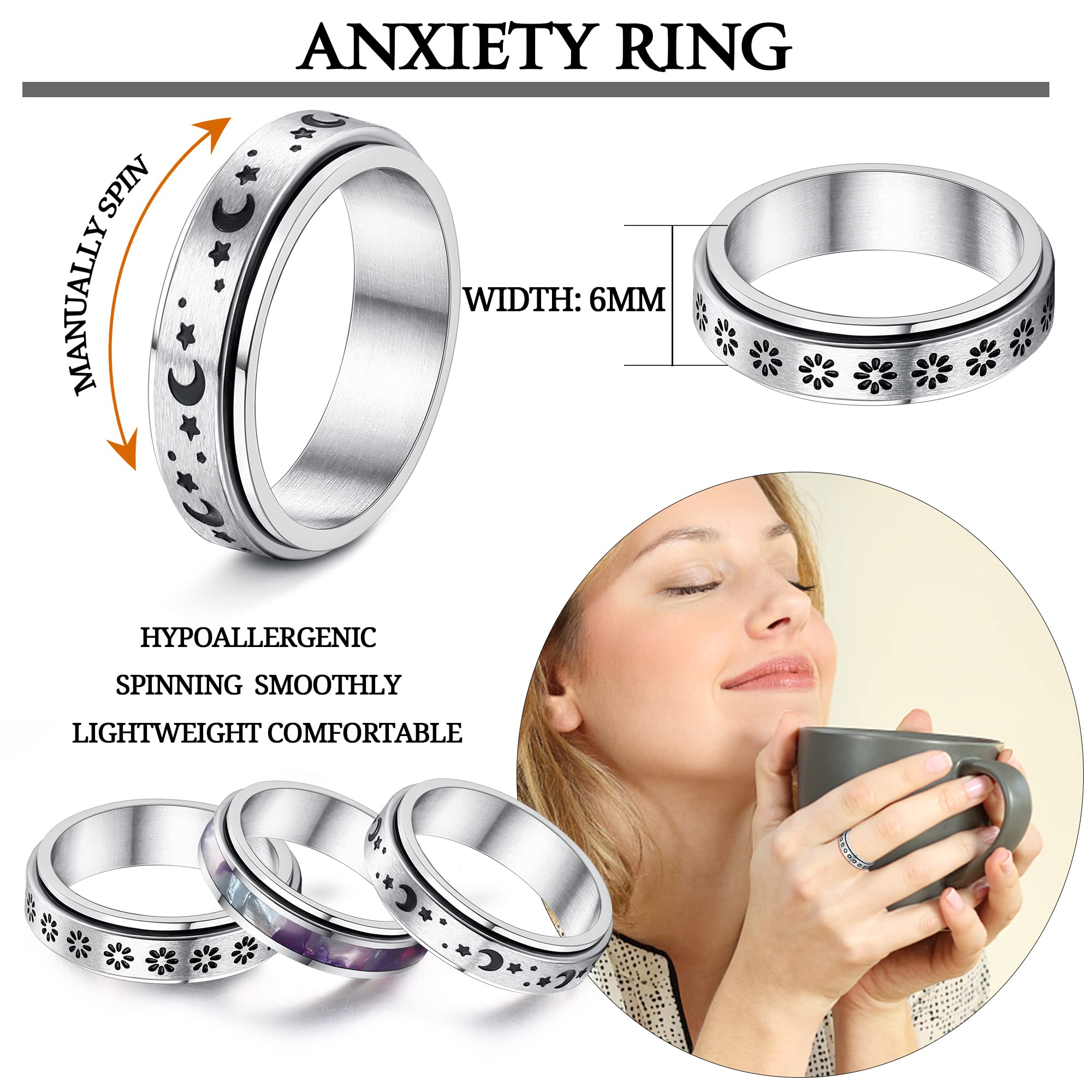 Sanfenly Fidget Rings for Anxiety for Women Anxiety Rings Fidget Spinner Ring Aniexty Stress Relief Ring Set with Clear Box