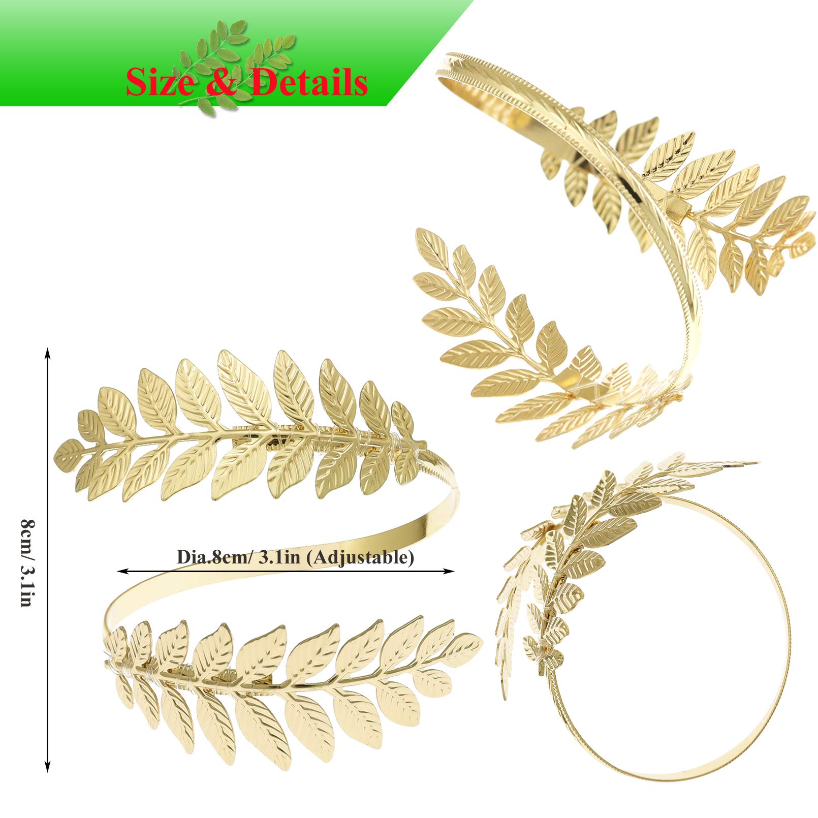RechicGu Gold 2 Pieces Wedding Arm Bracelet Christmas Tree Leaf Cuff Bangle Band Upper Open Armlet Armband Adjustable Set Jewelry Minimalist Festival Dancer