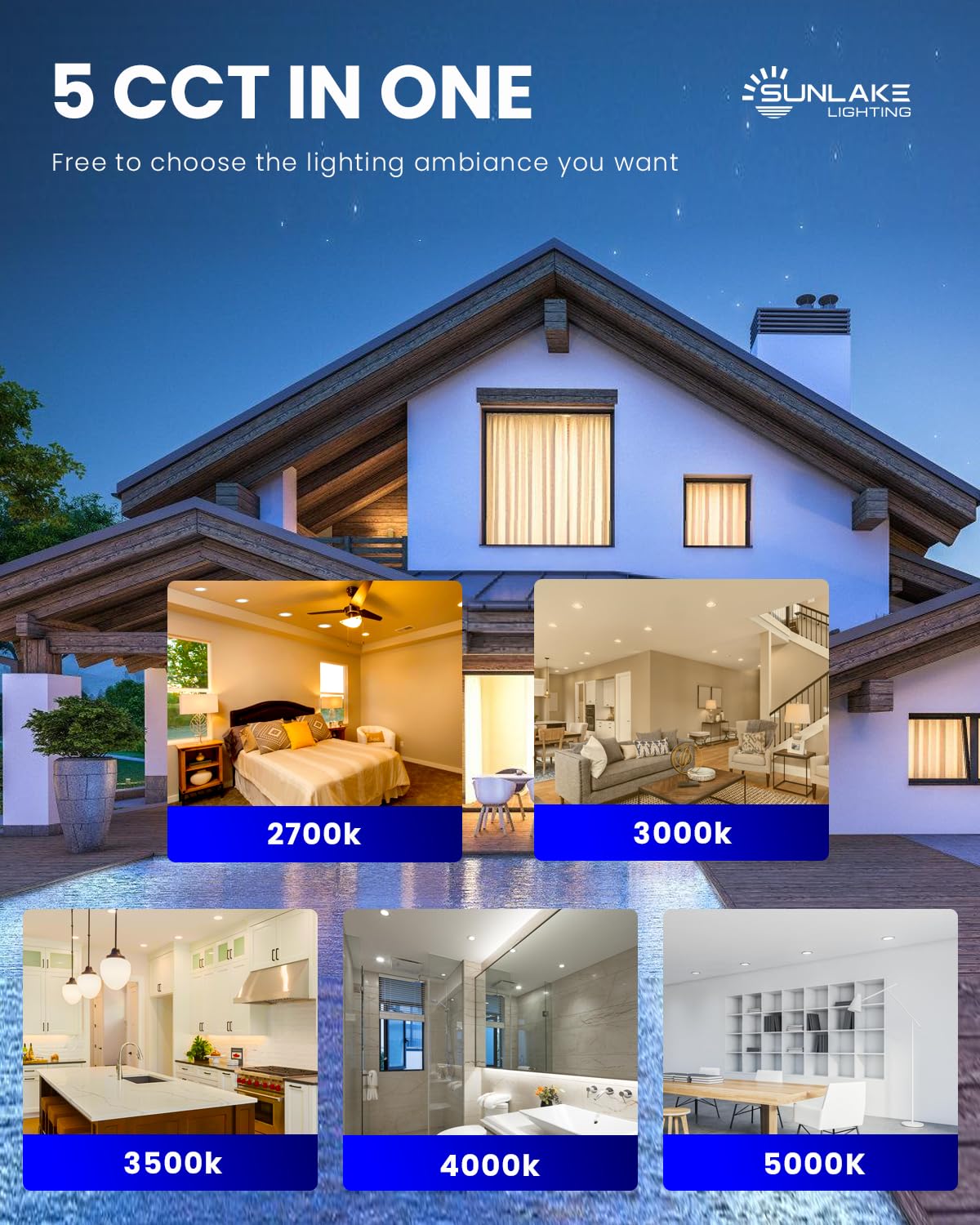 Sunlake 12 Pack Recessed Lighting 6 inch with Junction Box, 2700K/3000K/3500K/4000K/5000K Selectable, Ultra-Thin, 12W 110W Eqv, Dimmable, 1050LM High Brightness - ETL and Energy Star Certified