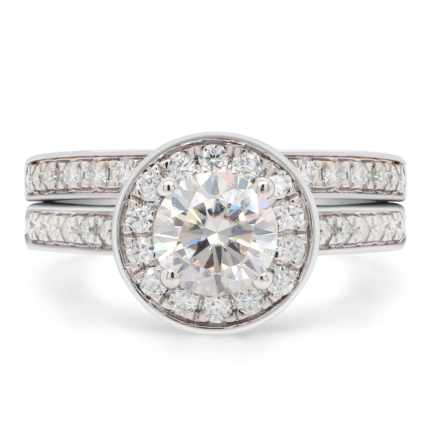 SAVEARTH DIAMONDS 14K White Gold Over Sterling Silver 1 3/4 Carat 6.5MM G-H Color Moissanite Lab Created Diamond Halo Engagement Wedding Ring Set 2 Pieces (1.75 Cttw) Ring Size-8