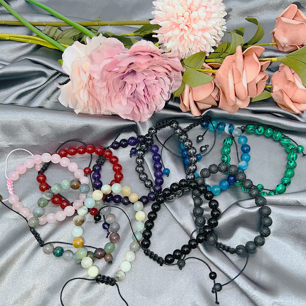 WAINIS 10PCS 8mm Gemstone Beaded Bracelets for Men Women Healing Stretch Bead Bracelets Set Adjustable Crystal Semi-precious Bracelets Unisex