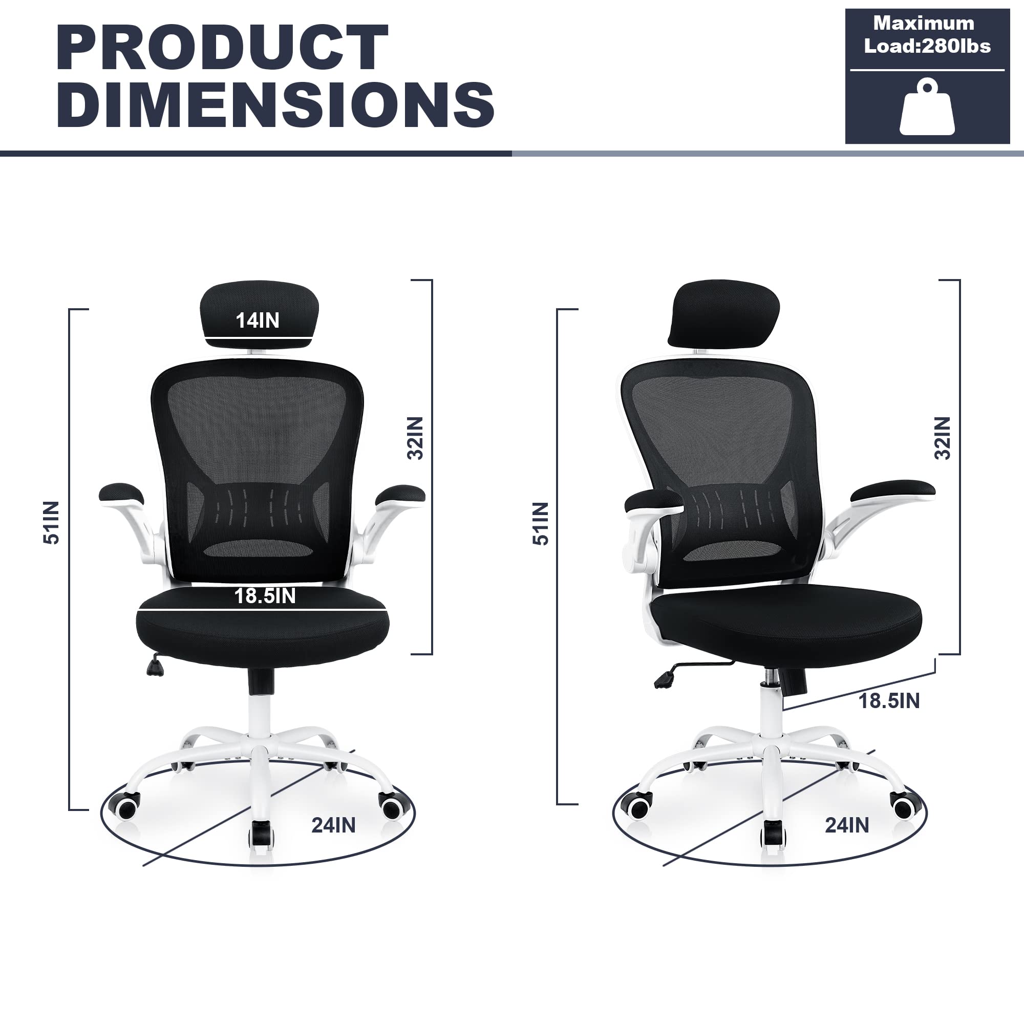 Office Chair Ergonomic Desk Chair Comfort Adjustable Height with Wheels,Lumbar Support Mesh Swivel Computer Home Office Study Task Chair 5003H (5003H-white)