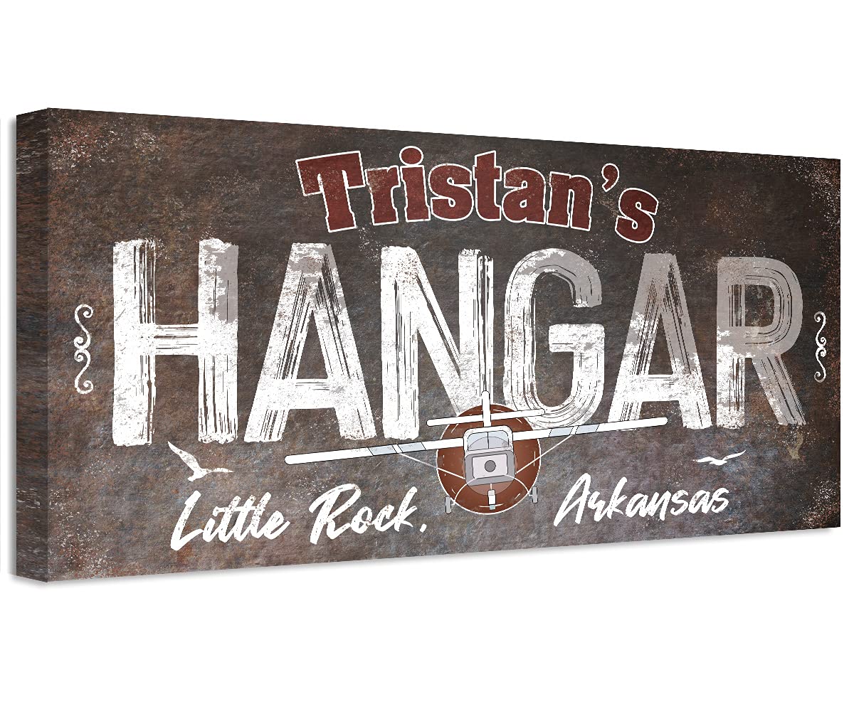 Personalized Hangar Airplane Print - Custom Print with Name and City State, Pilot Name Print and Aviation Sign, Antique Airplane Decor and Man Cave Gift, Rustic Metal Style Canvas Print 12x24
