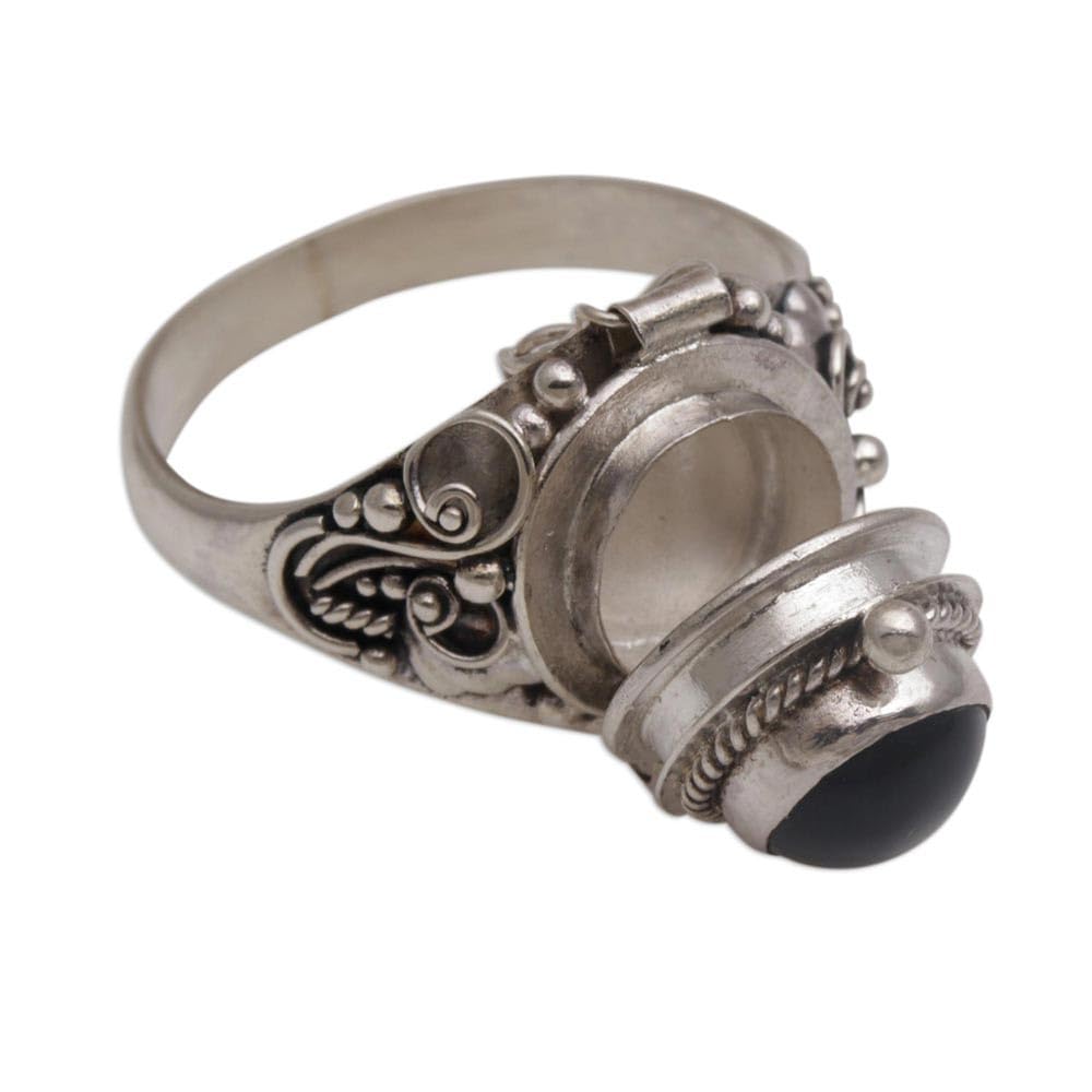 NOVICA Artisan Handmade Onyx Locket Ring 925 Sterling Silver from Bali Black Cocktail Indonesia Birthstone [crownbezel 0.5 in H x 0.4 in W x 0.3 in D Band Width 3 mm W] ' Gerhana Shrine'