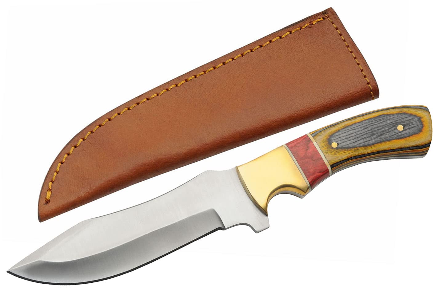 SZCO Supplies 9.5ā Red Amber Wood/Brass Handled Outdoor Upsweep Hunting Knife With Sheath,203449-AM
