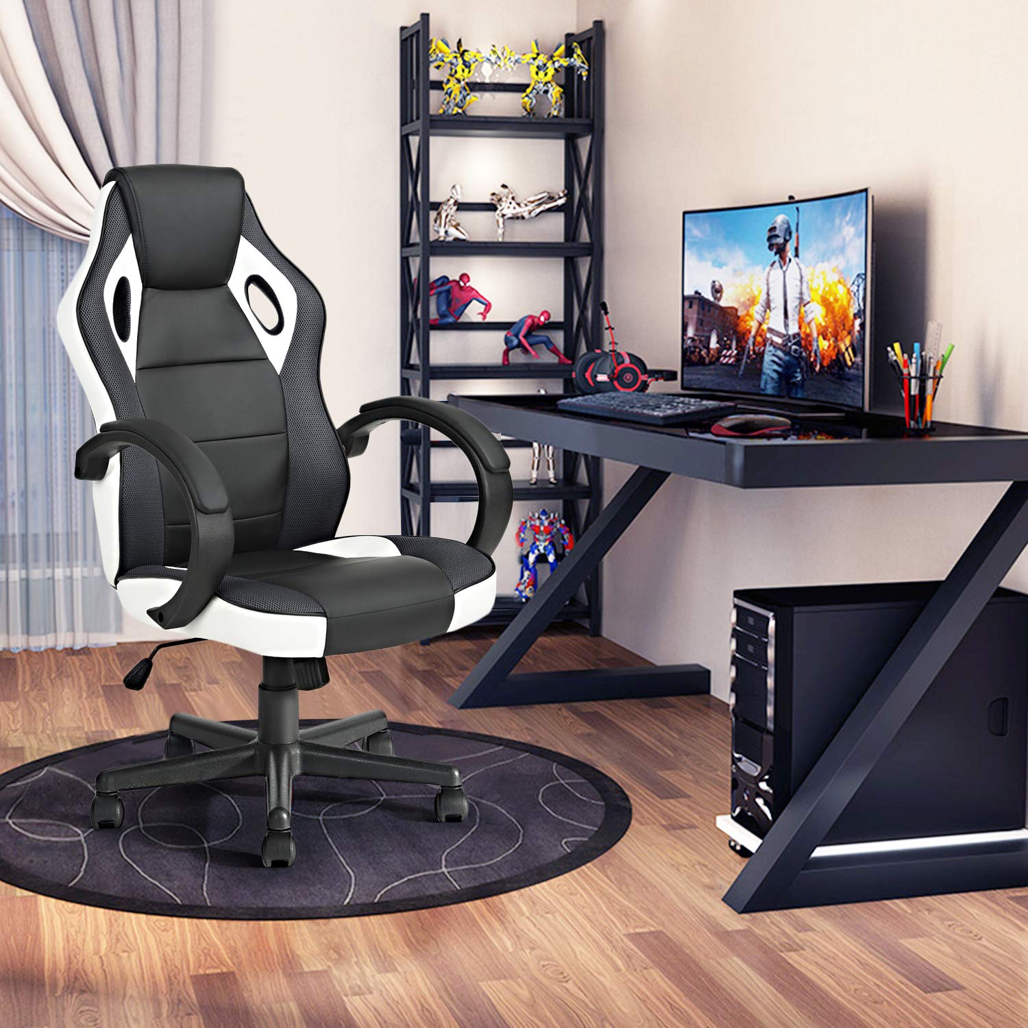 Office Chair, Ergonomic Computer Gaming Chair PU Leather Comfortable Swivel Task Home Office Executive Desk Chair High Back with Padded Armrests, Black/White