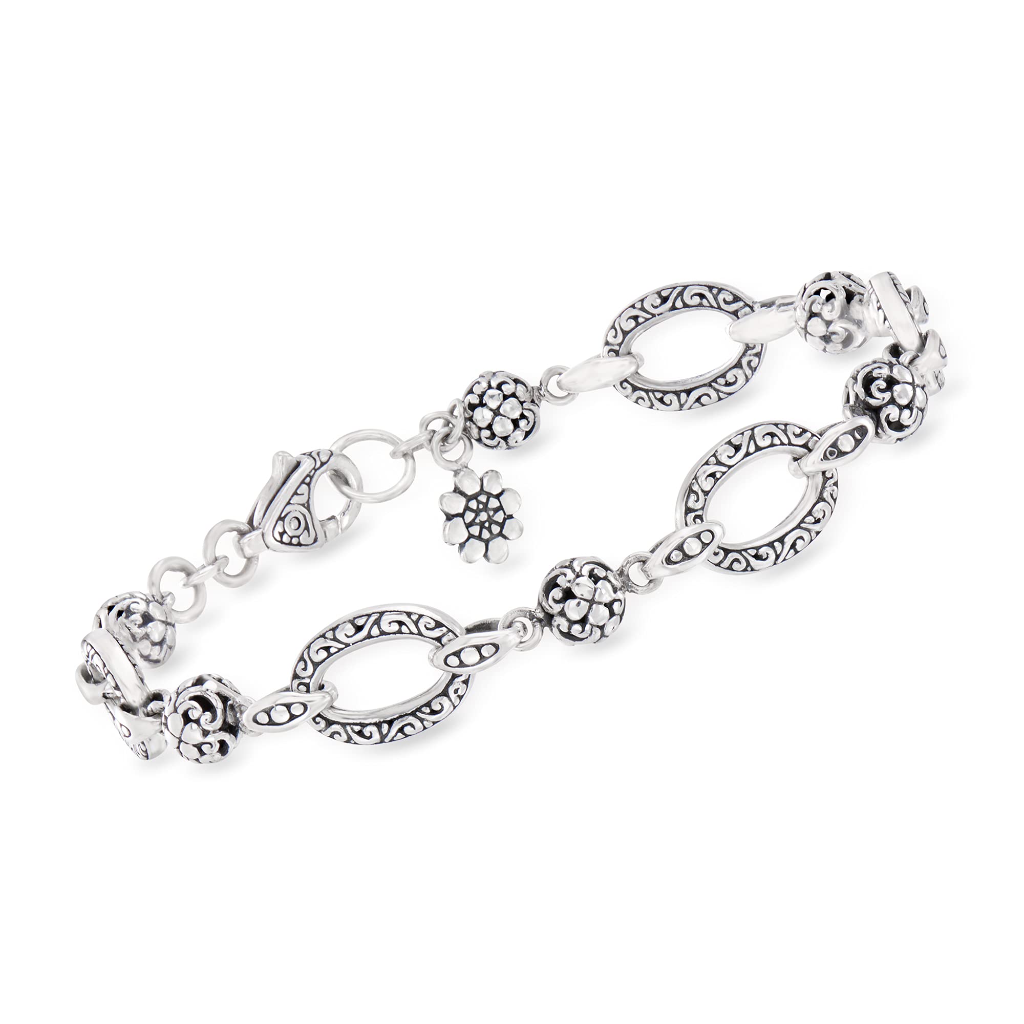 Ross-Simons Sterling Silver Bali-Style Bead and Oval-Link Bracelet. 8 inches