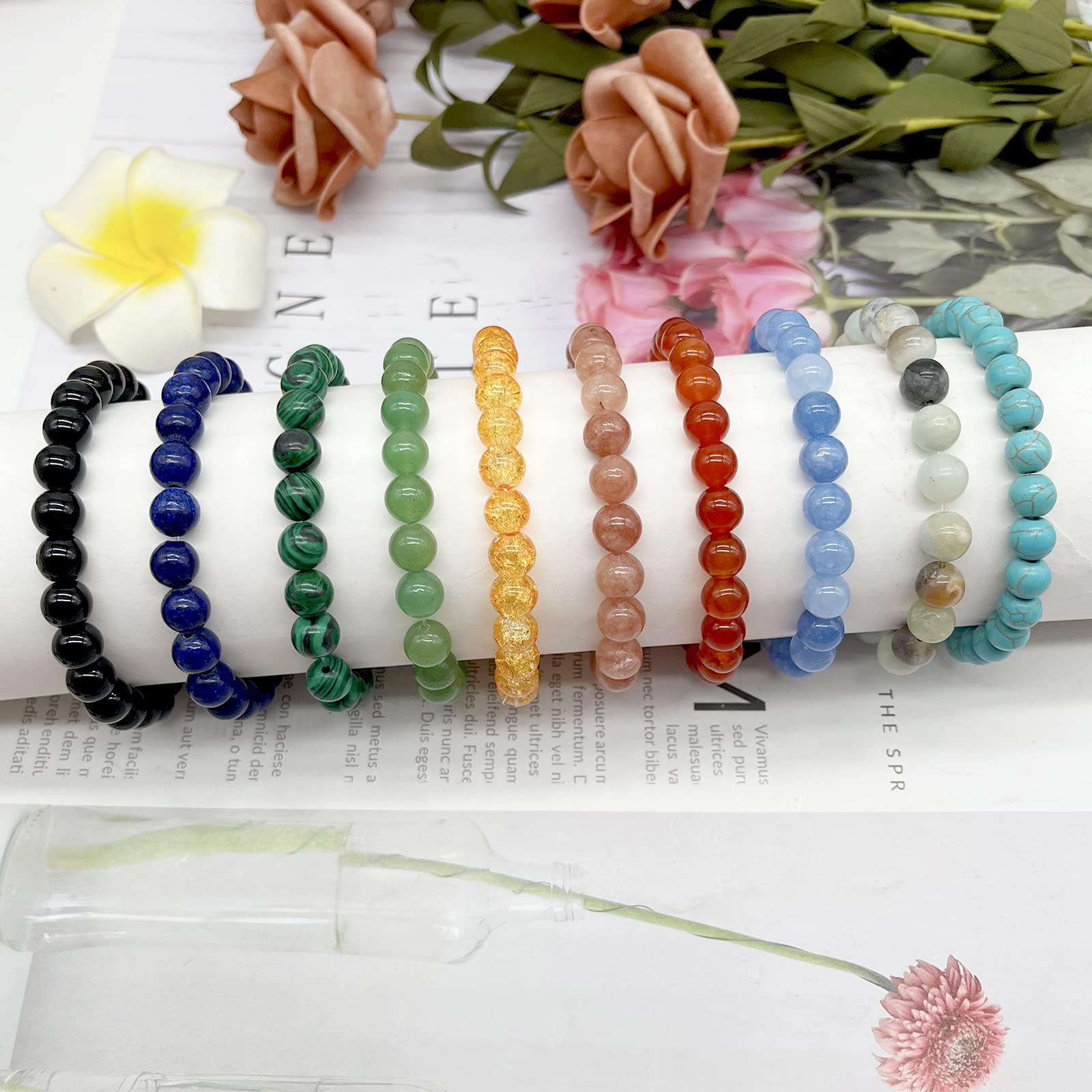 Svovin 12 Pcs 8mm Gemstones Beaded Bracelets for Women Men Stone Bead Healing Stretch Round Bead Crystal Semi-Precious Bracelets Unisex