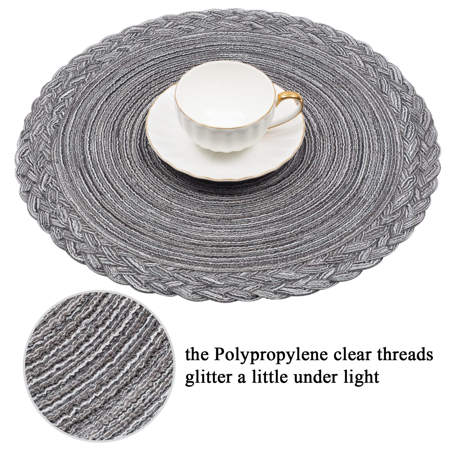 SHACOS Round Placemats Set of 6 Woven Round Table Mats 15 inch Braided Border Washable Cotton Polyester Circle Place Mats, Gray