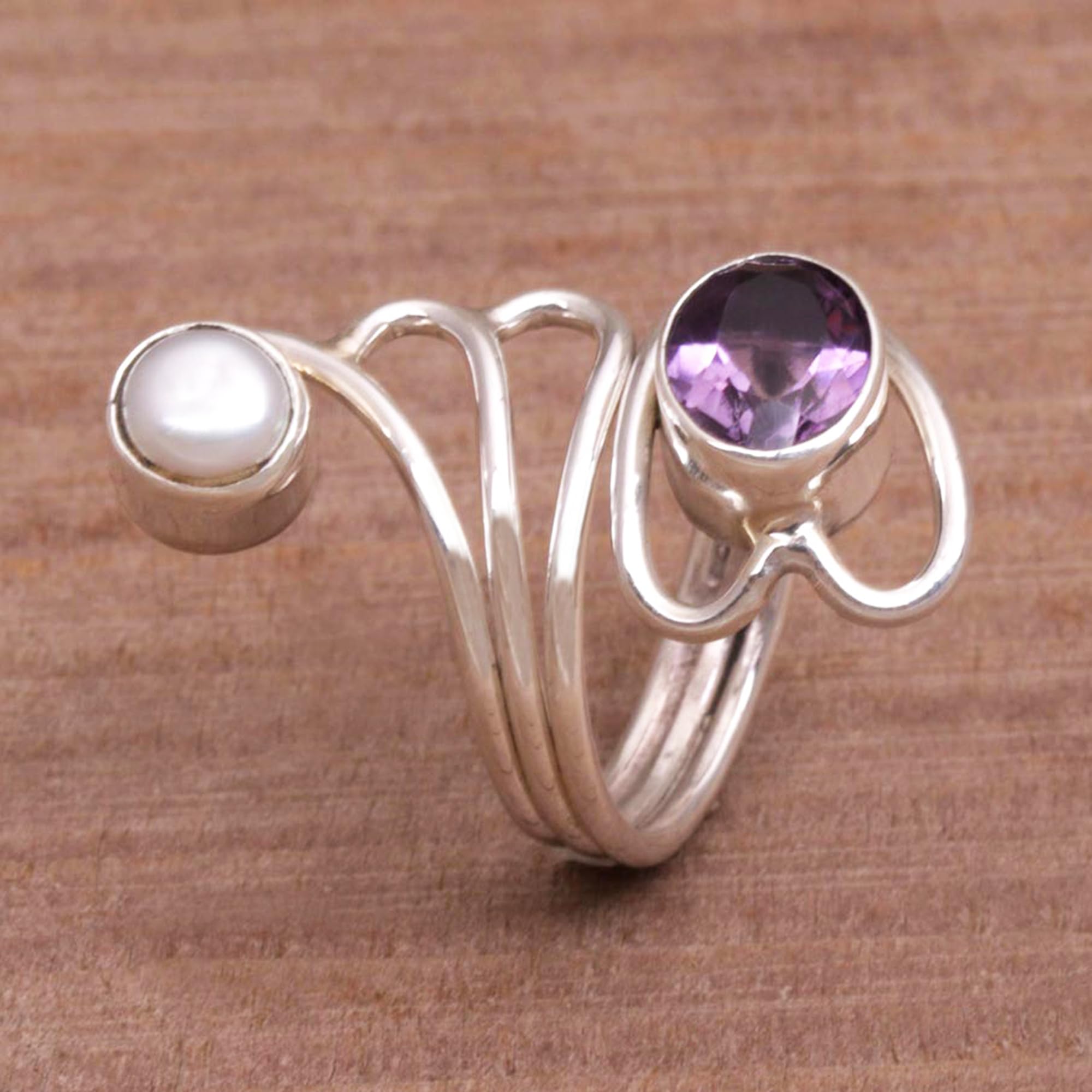 NOVICA Artisan Handmade .925 Sterling Silver Amethyst Cultured Freshwater Pearl Ring Purple White Multi Stone Wrap Birthstone 'Pure in Heart'