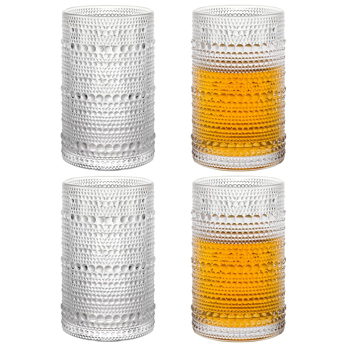 Swetwiny 4 Pack Hobnail Drinking Glasses, 12 Ounce Vintage Drinking Glasses, Old Fashioned Glassware Highball Glasses Water Glasses for Cocktail Whiskey Bear Coffee