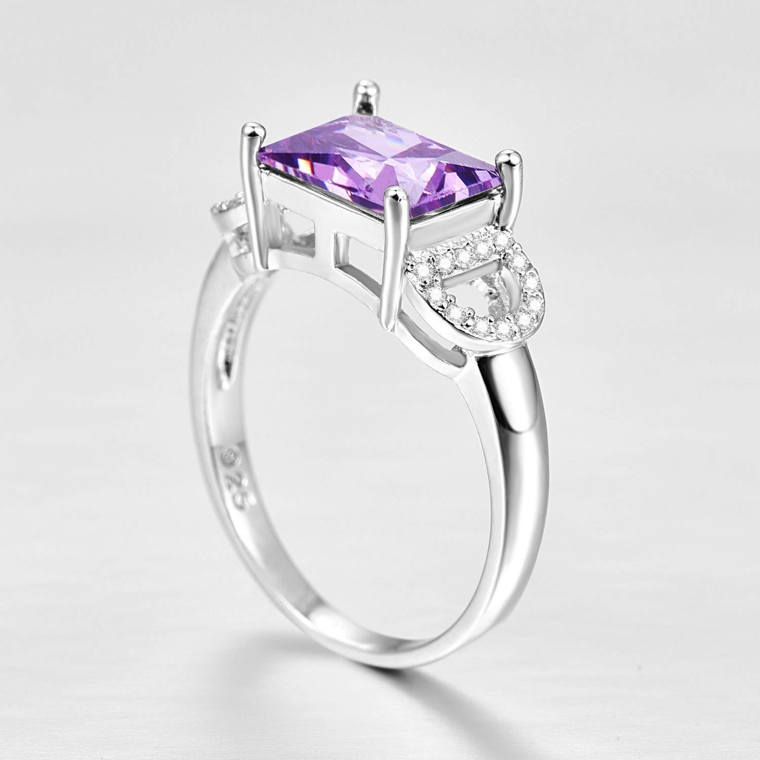 Psiroy 925 Sterling Silver Created Amethyst Filled Emerald Cut Anniversary Ring for Women Size 9