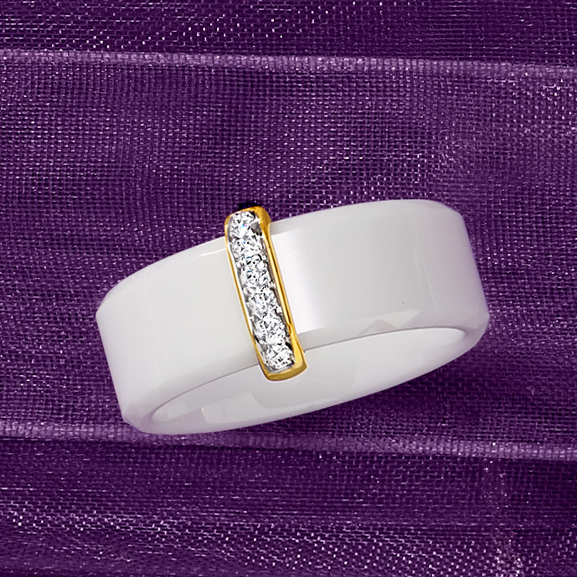 Ross-Simons White Ceramic and .10 ct. t.w. Diamond Ring With 14kt Yellow Gold. Size 10