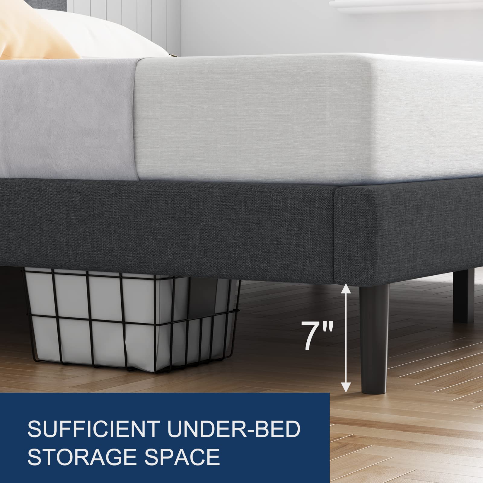 Molblly King Bed Frame Upholstered Platform with Headboard and Strong Wooden Slats, Strong Weight Capacity, Non-Slip and Noise-Free,No Box Spring Needed, Easy Assembly,Dark Grey