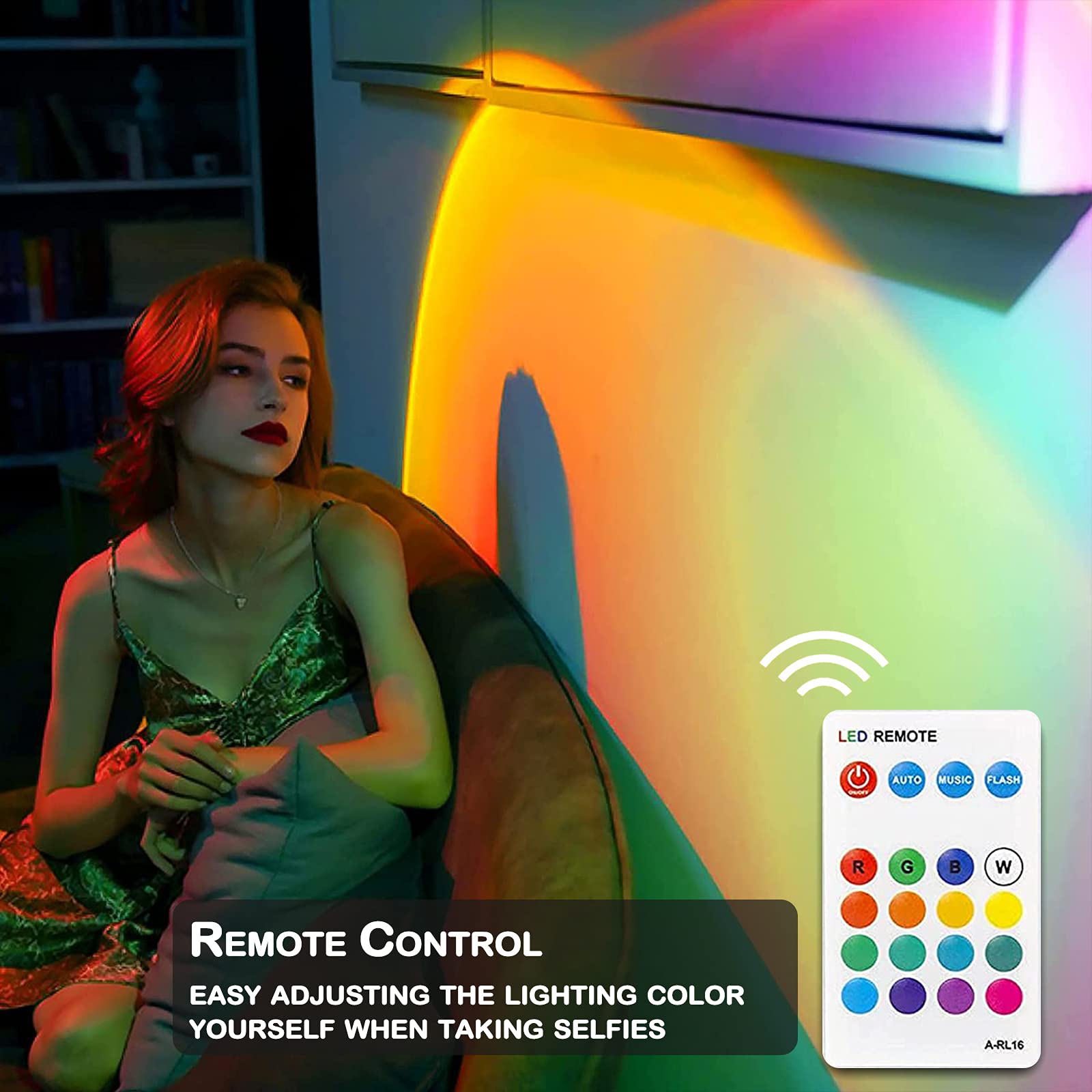 Sunset Lamp Projection, Sunset Light Projector, 16 Colors Changing Night light Romantic Ambient Light, For Youtuber Video Vlog Photography Selfie, 360° Rainbow Ring Light for Home Bedroom Studio Decor