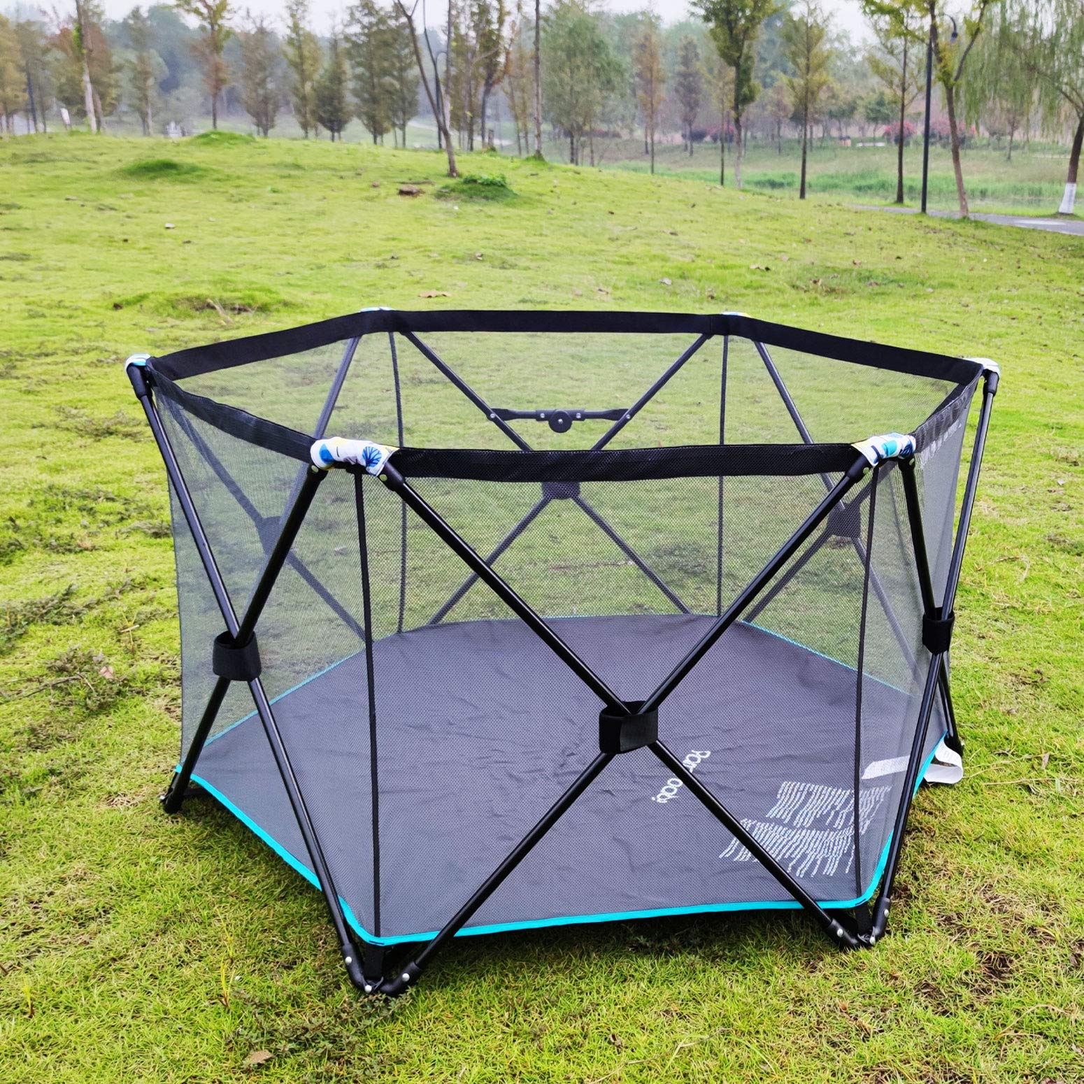 Pamo Babe Portable Baby Playpen, Outdoor Playard Playpen for Babies Indoor and Outdoor Use, Easy and Compact Fold with Carrying Case (Grey)