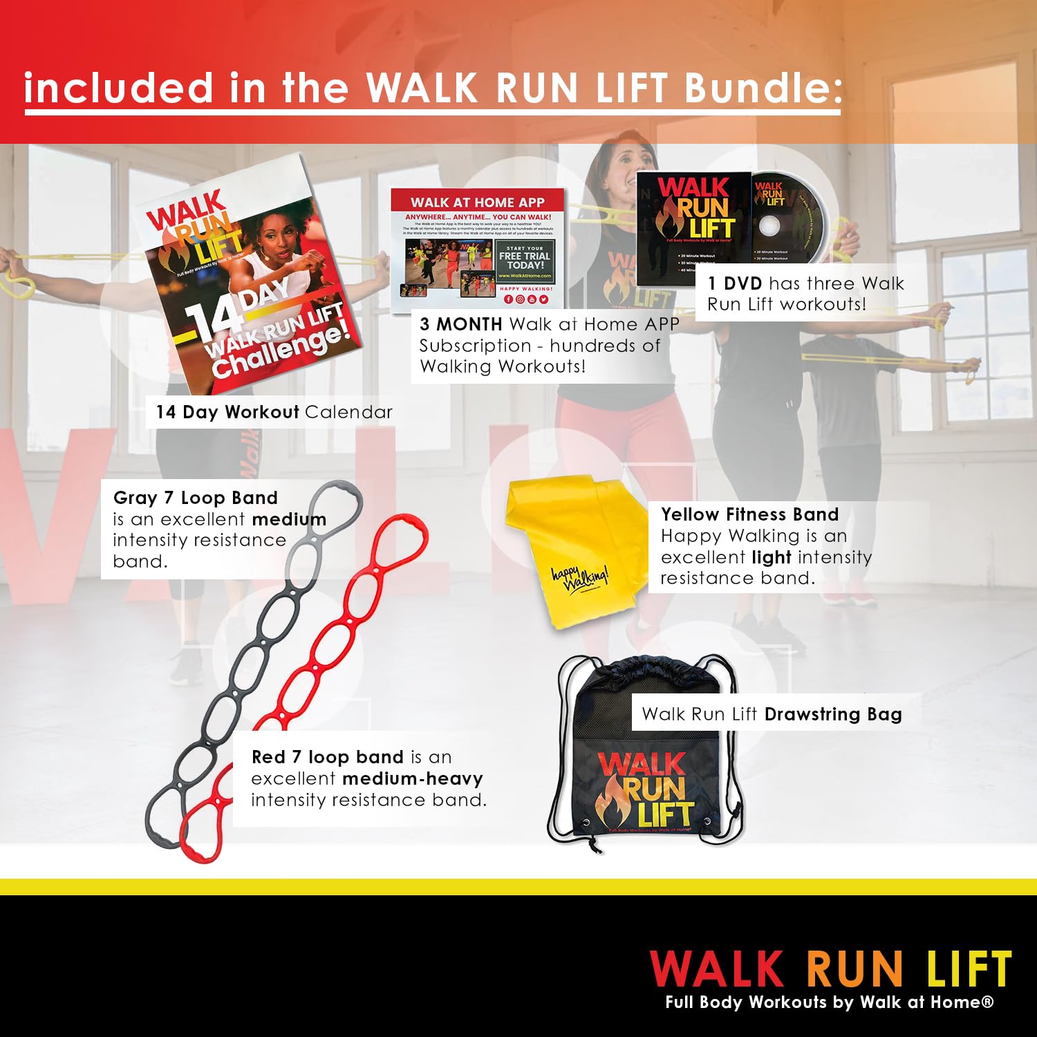 Walk at Home Walk Run Lift Band Bag Bundle with 7 Ring Resistance Bands, Happy Walking Firm Band, 1 DVD (3 Workouts) and Drawstring Bag for Home Workout Walking Exercise