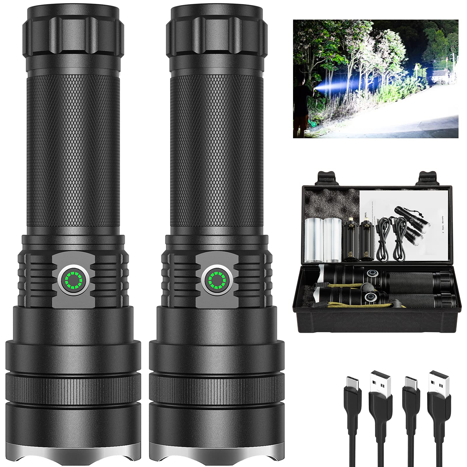 Rechargeable Flashlights High Lumens, 2 Pack 250000 Lumen Super Bright LED Flashlight, Powerful Handheld Flashlights with ΒATTERY & USB Cable, Waterproof Flashlight with 4 Modes for Camping