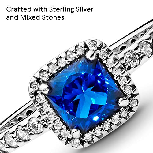 Pandora Jewelry Blue Square Sparkle Halo Crystal and Cubic Zirconia Ring in Sterling Silver, Size 7