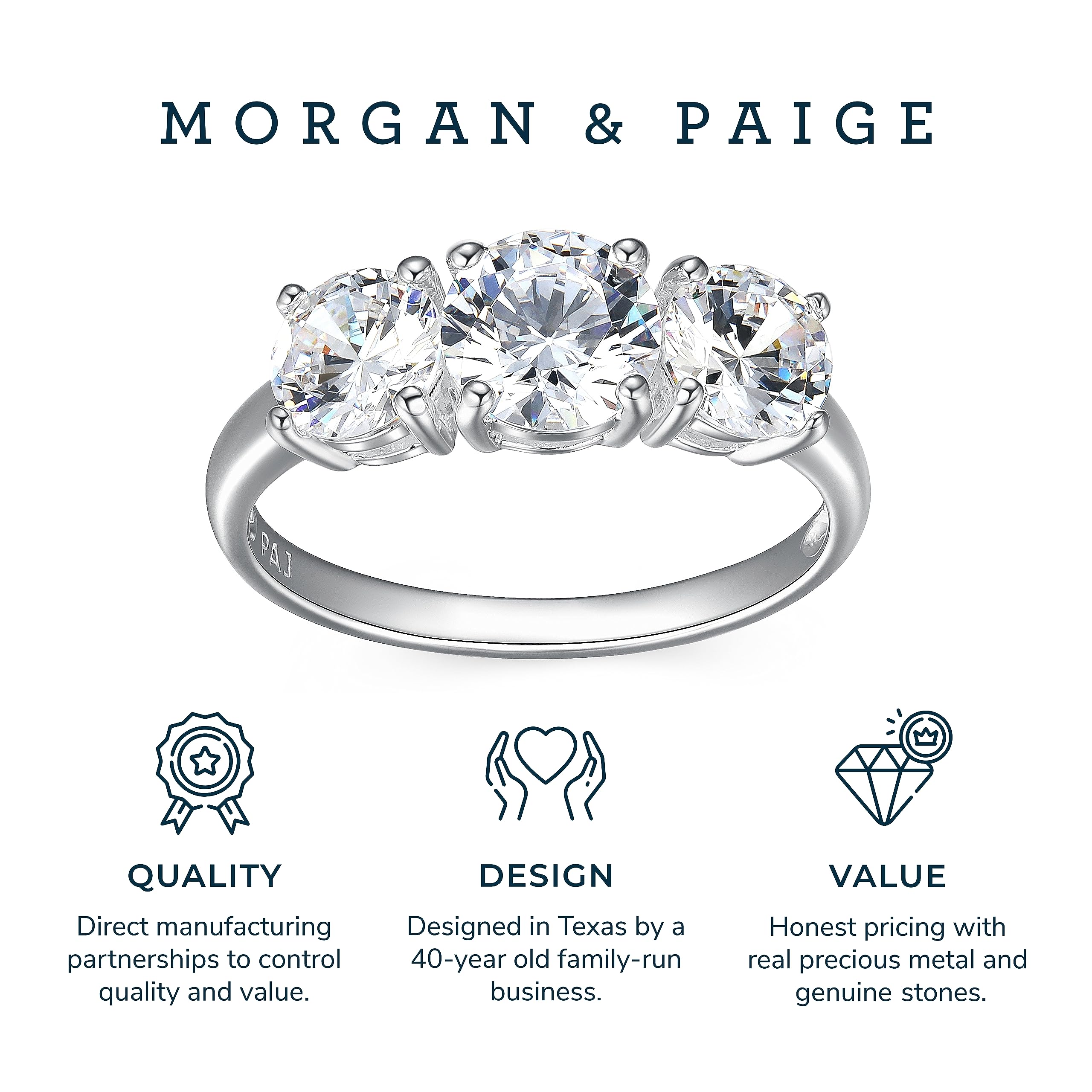 MORGAN & PAIGE Round Cut Cubic Zirconia Ring - Prong-Set Three Stone Engagement Ring/Promise Rings For Women With Real 925 Sterling Silver Band - Size 7