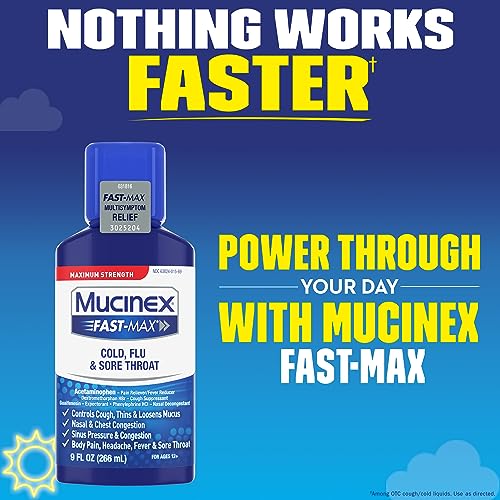 Mucinex Fast-Max Maximum Strength Cold, Flu, & Sore Throat Liquid, 9oz, Multi-Symptom Cold and Flu Relief, For Ages 12+