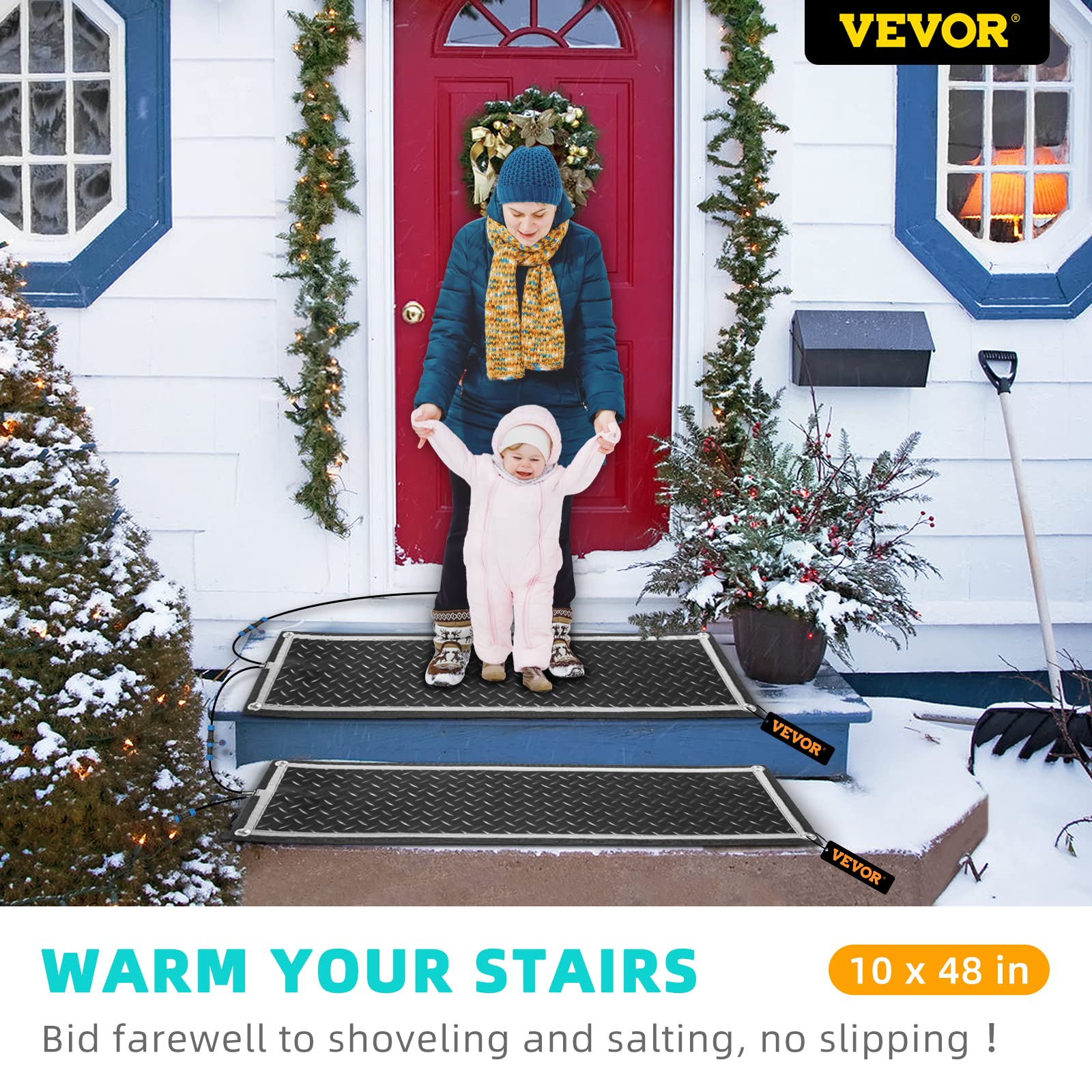 VEVOR Snow Melting Mat, 10 x 48 inch, 3 in/h Speed, Heated Outdoor Doormat for Winter Stairs, No-Slip Rubber with Plug, Power Cord, Outlet Timer, Reflective Strip, Velcro, Ground Stake, 10β x 48"