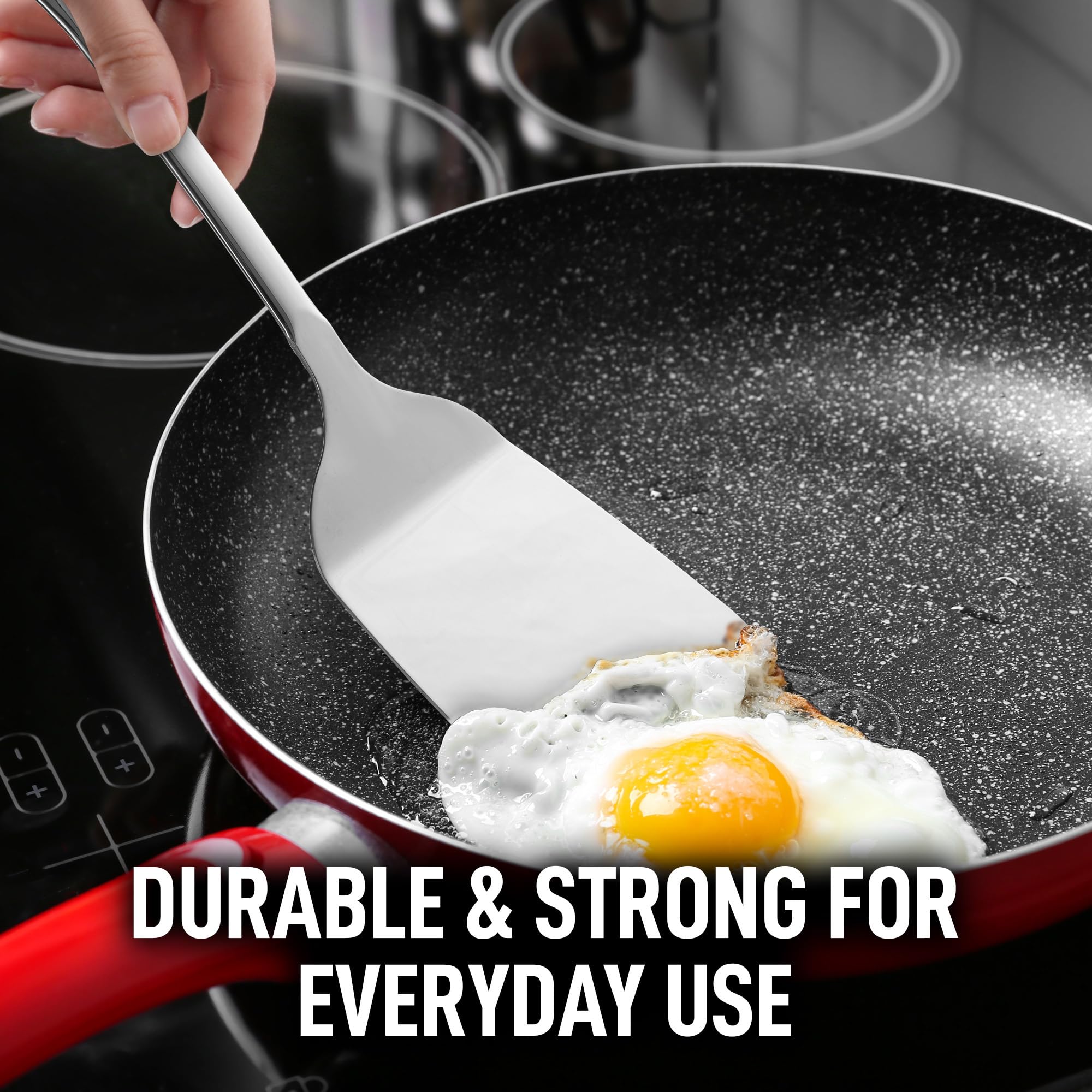 Zulay Kitchen Premium Stainless Steel Metal Spatula - Cooking Spoon Turner - Durable Cooking Utensil with Ergonomic, Easy to Use Handle - Easy to Clean, Perfect for at Home Cooks & Chefs - 15”