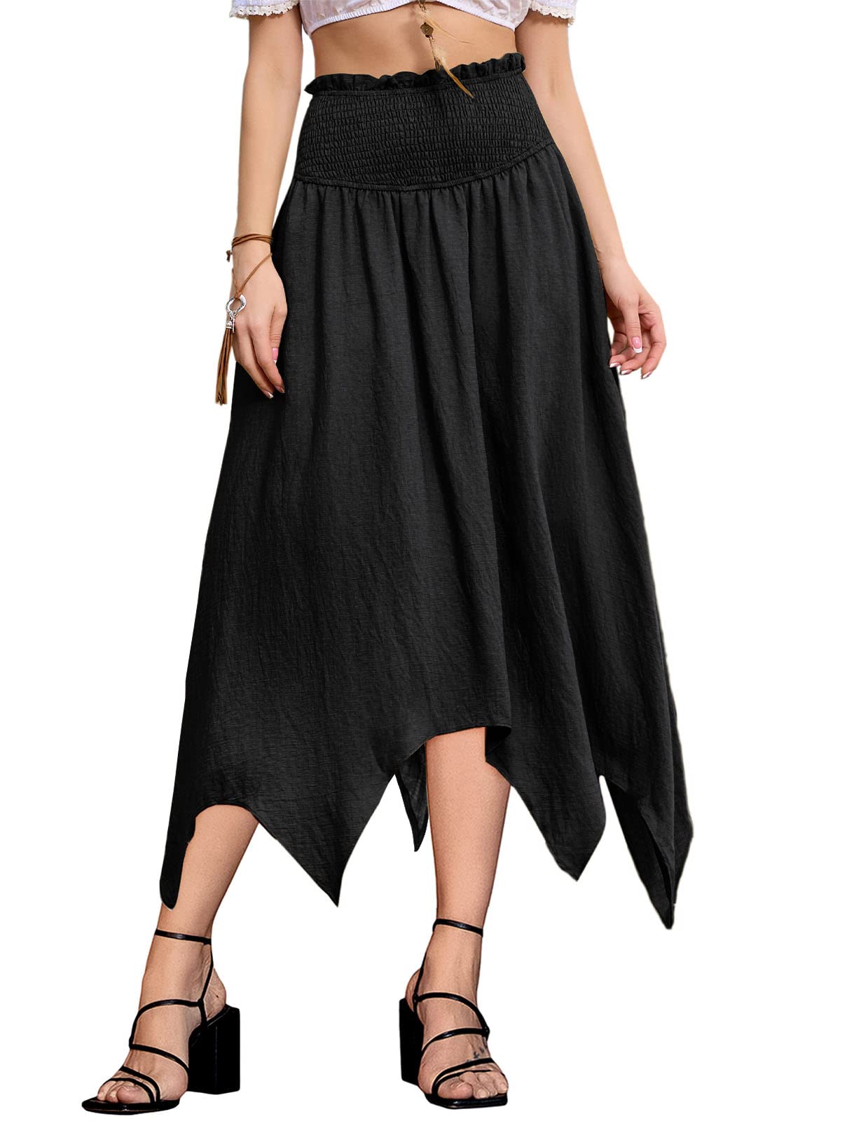 Women Handkerchief Hem Smocked Waist Maxi Skirt with Pockets Plus Size Black XXL