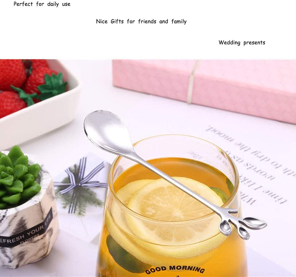 Stainless Steel Leaf Coffee Spoon, SZBAIDEKJ 10 Pcs Creative Tableware Dessert Spoons, Stirring, Mixing, Sugar, Stir, Ice Cream Teaspoon Set (Silver)