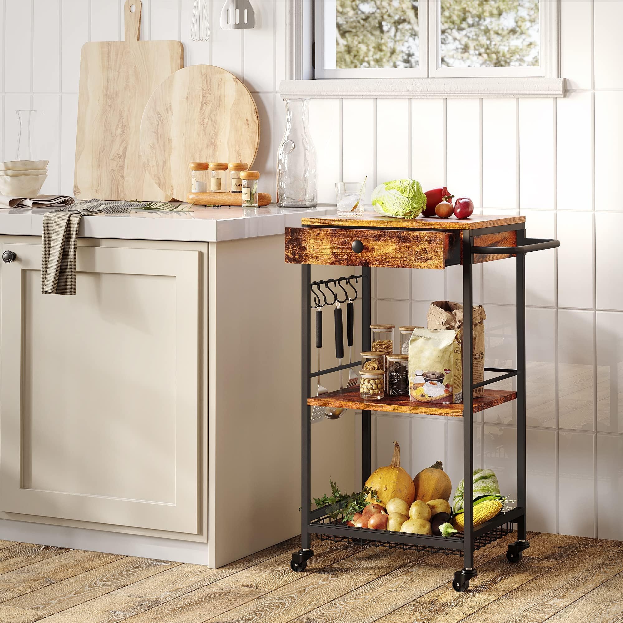 ODIKA Rustic Cabin Wooden Coffee Cart - Rolling Kitchen Island with Microwave Stand on Wheels, Spacious Storage Drawer - Perfect for Compact Homes & Small Apartments