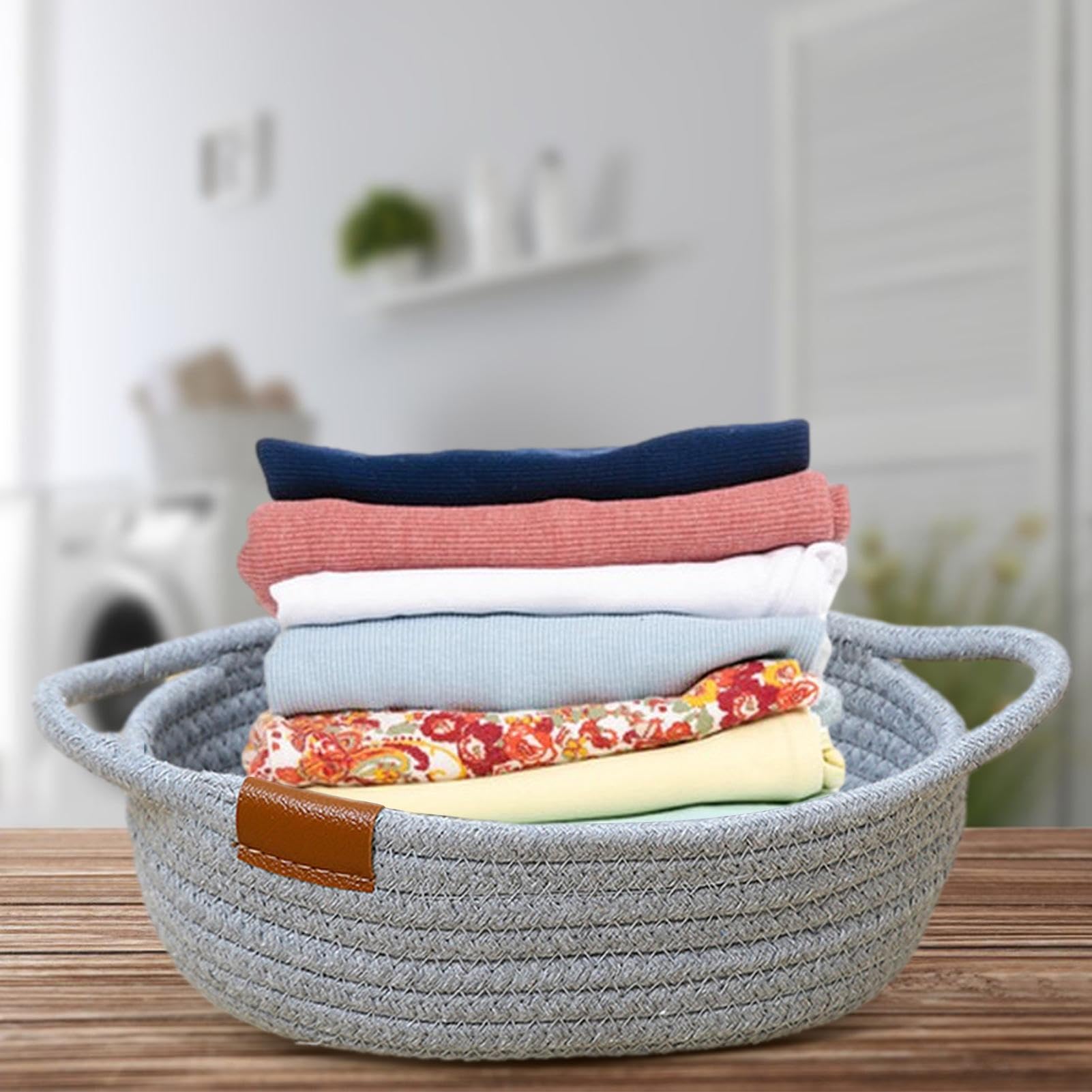 RIYES Rope Storage Baskets, Woven Basket Organizer Bins for Closet, Storage Basket Small Storage Containers, Cotton Rope Storage Basket, 8.6x6.3x2.7 Inch Woven Small Storage Bins with Handles