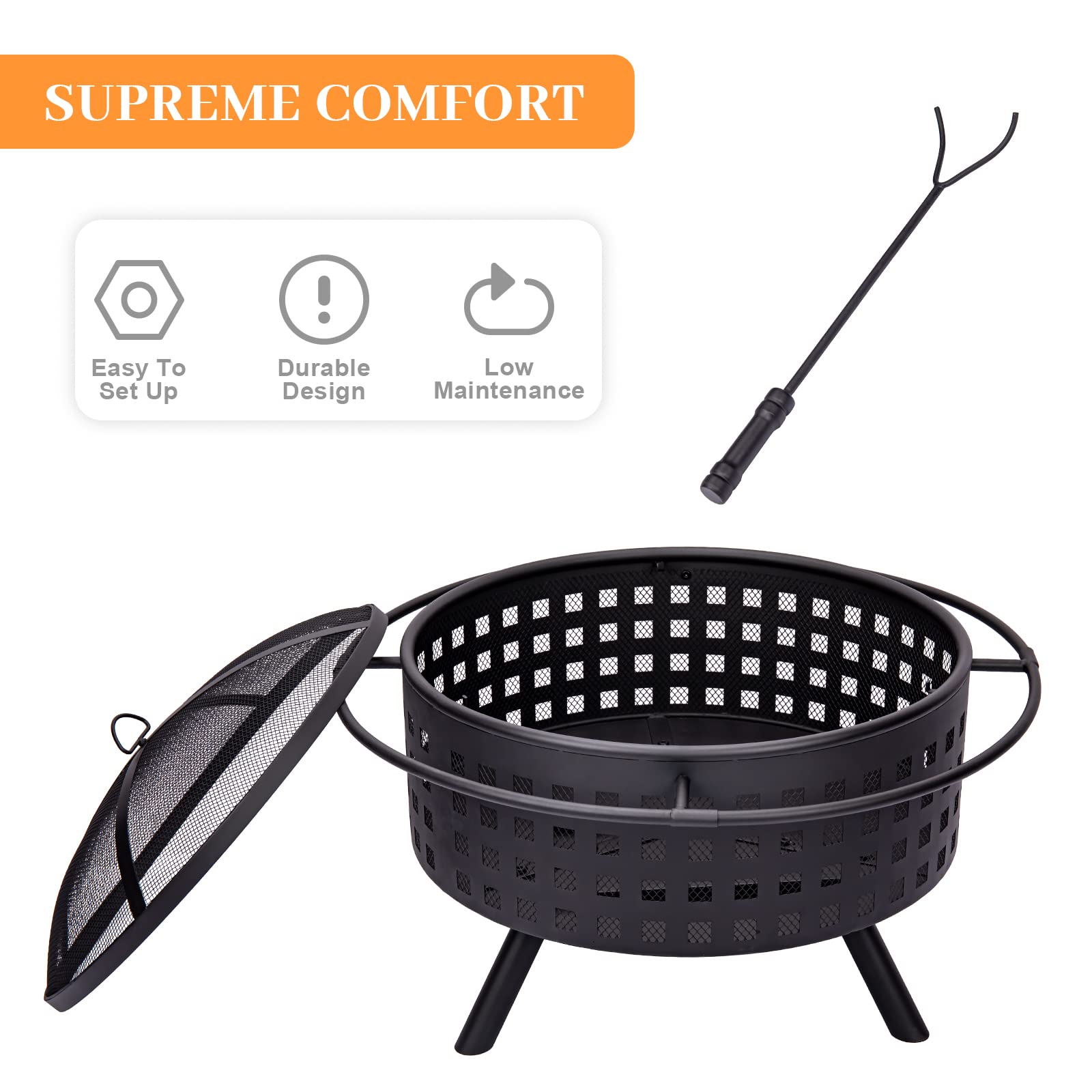 Vipush Fire Pit 30" Wood Burning Portable Outdoor Fire Pits - Large Steel BBQ Grill Fire Bowl with Spark Screen for Outside Patio Fire Poker Steel Round Fireplace for Camping Bonfire Beach Backyard
