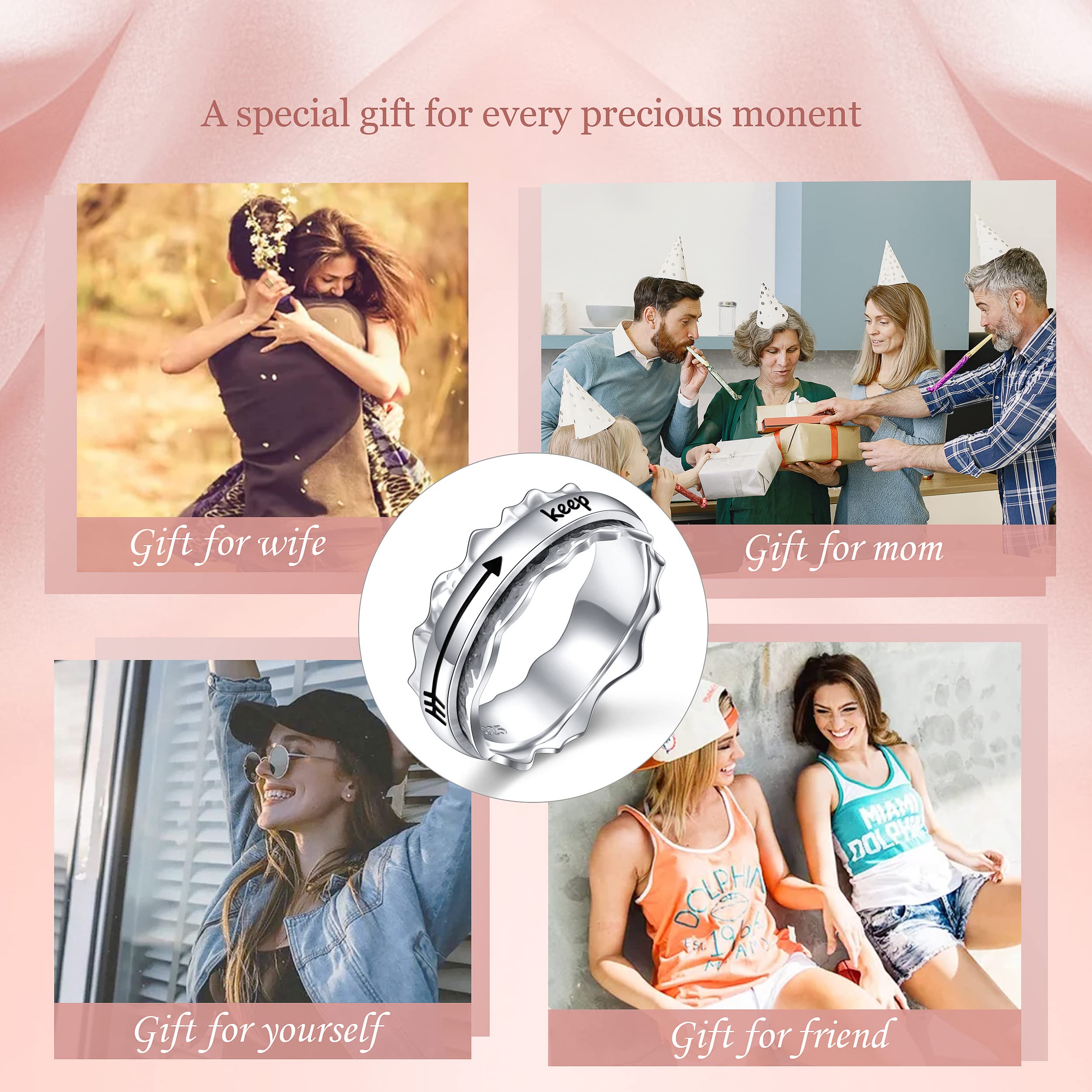 Spinner Ring 925 Sterling Silver Fidget Rings for Anxiety Stress Relieving ADHD Men Women Rings Keep Going Inspirational Band Ring Size 10